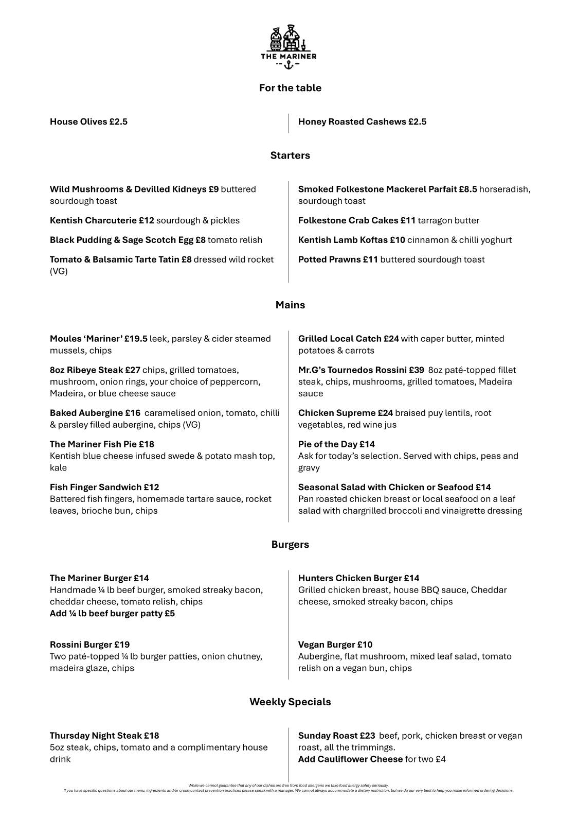 Menu at The Mariner pub & bar, Folkestone, 16 The Stade