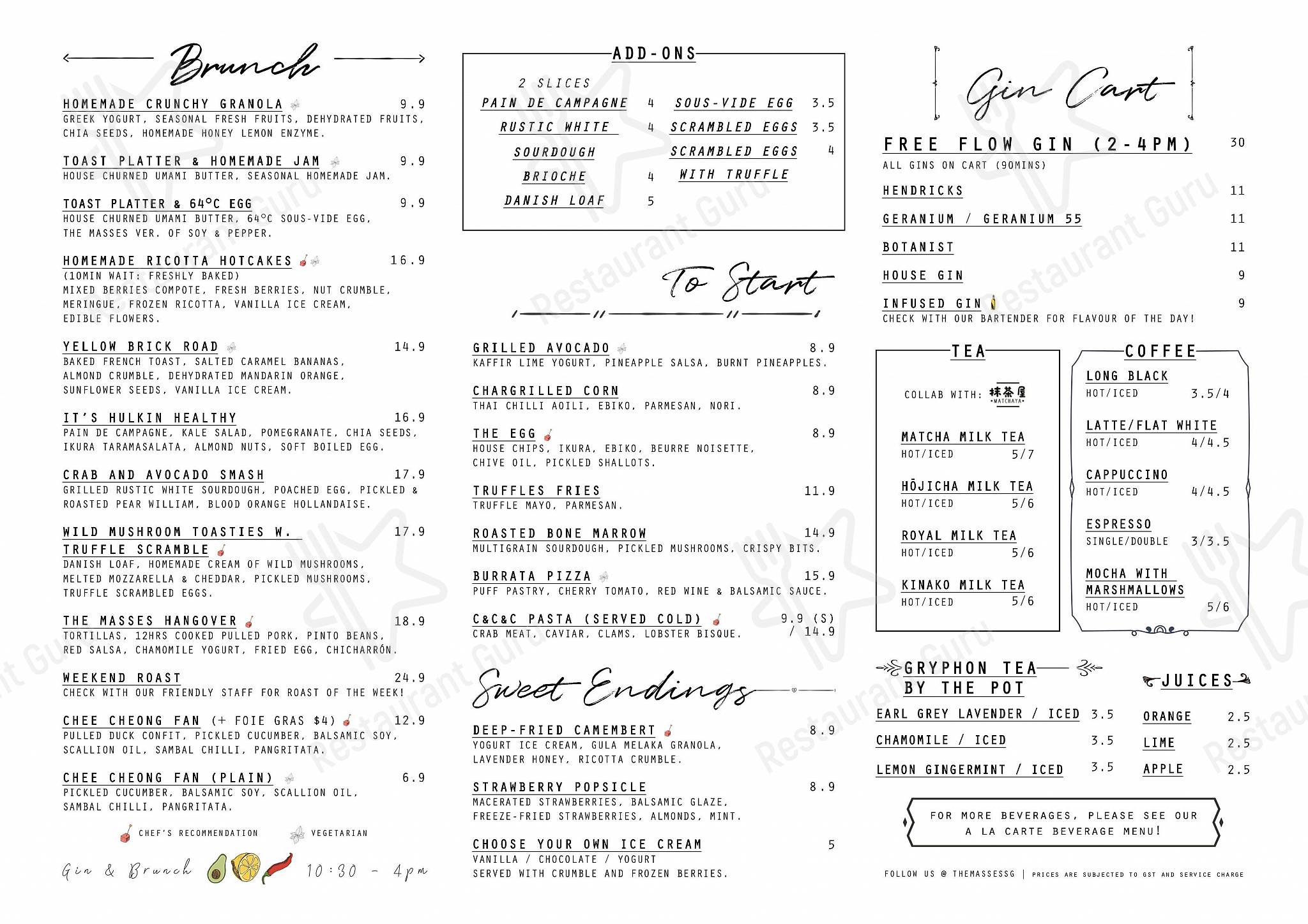 Menu at The Masses Singapore restaurant, Singapore