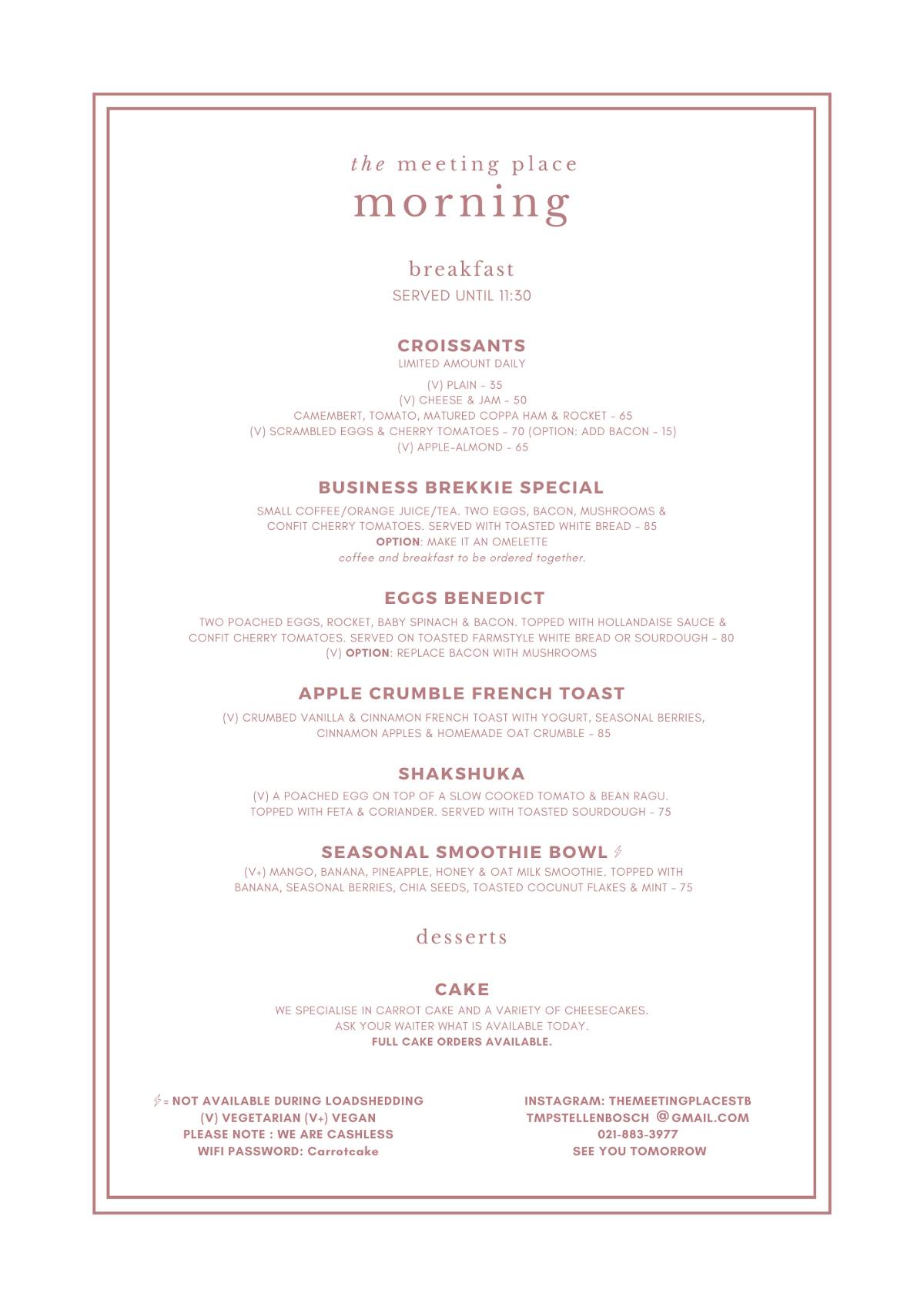 Menu at The Meeting Place. restaurant, Stellenbosch, 87 Dorp St