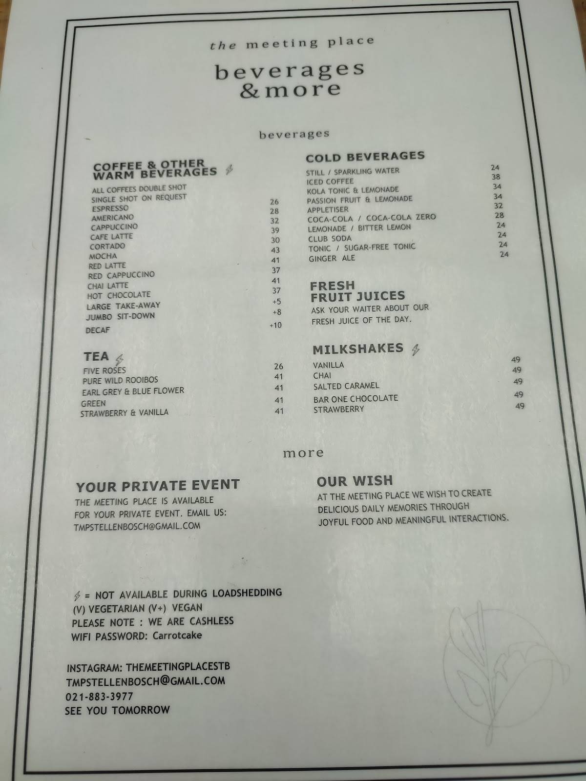 Menu at The Meeting Place. restaurant, Stellenbosch, 87 Dorp St