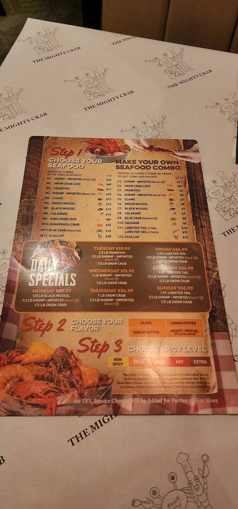 Menu at The Mighty Crab restaurant, Longview