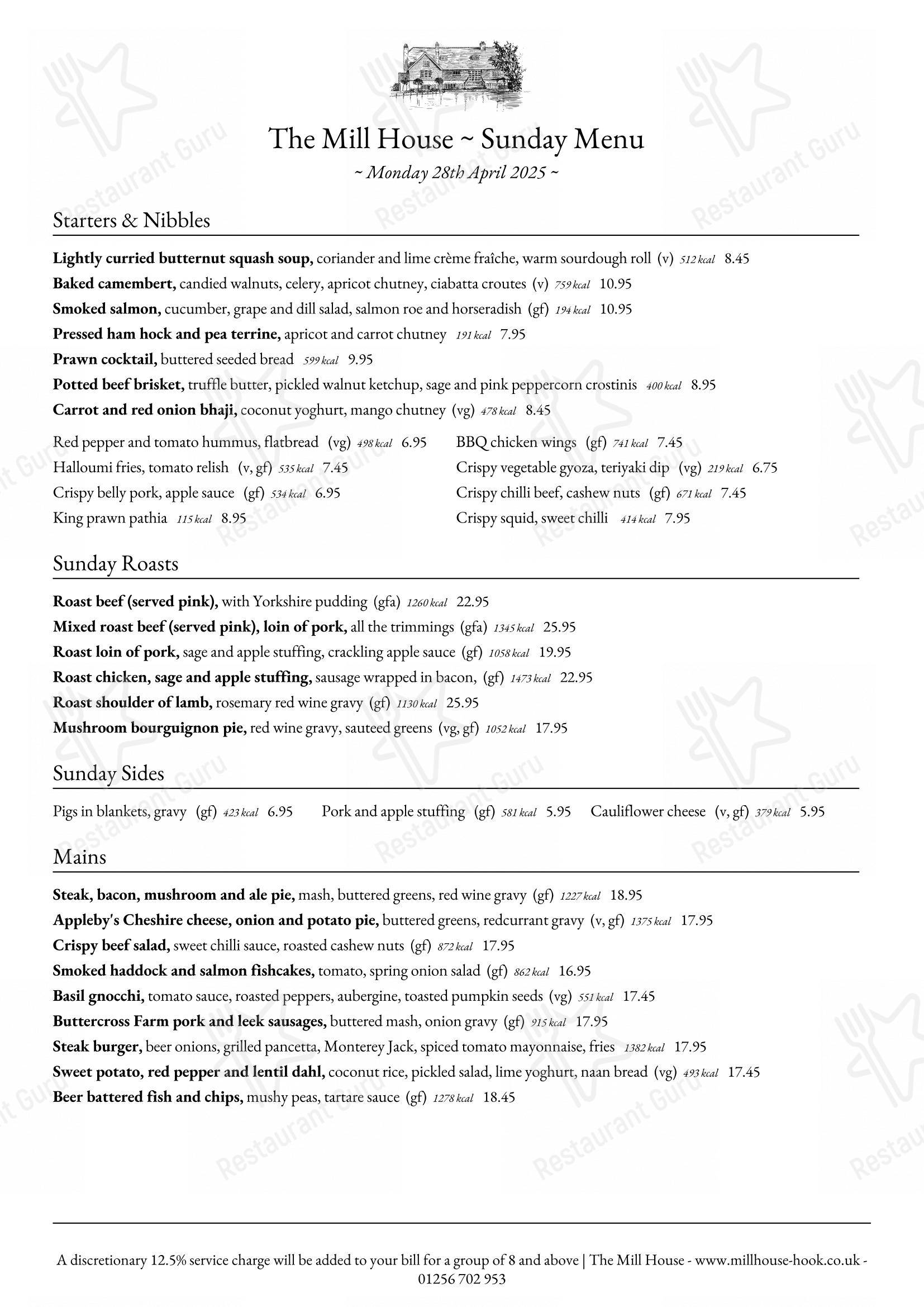 Menu at The Mill House pub & bar, Hook