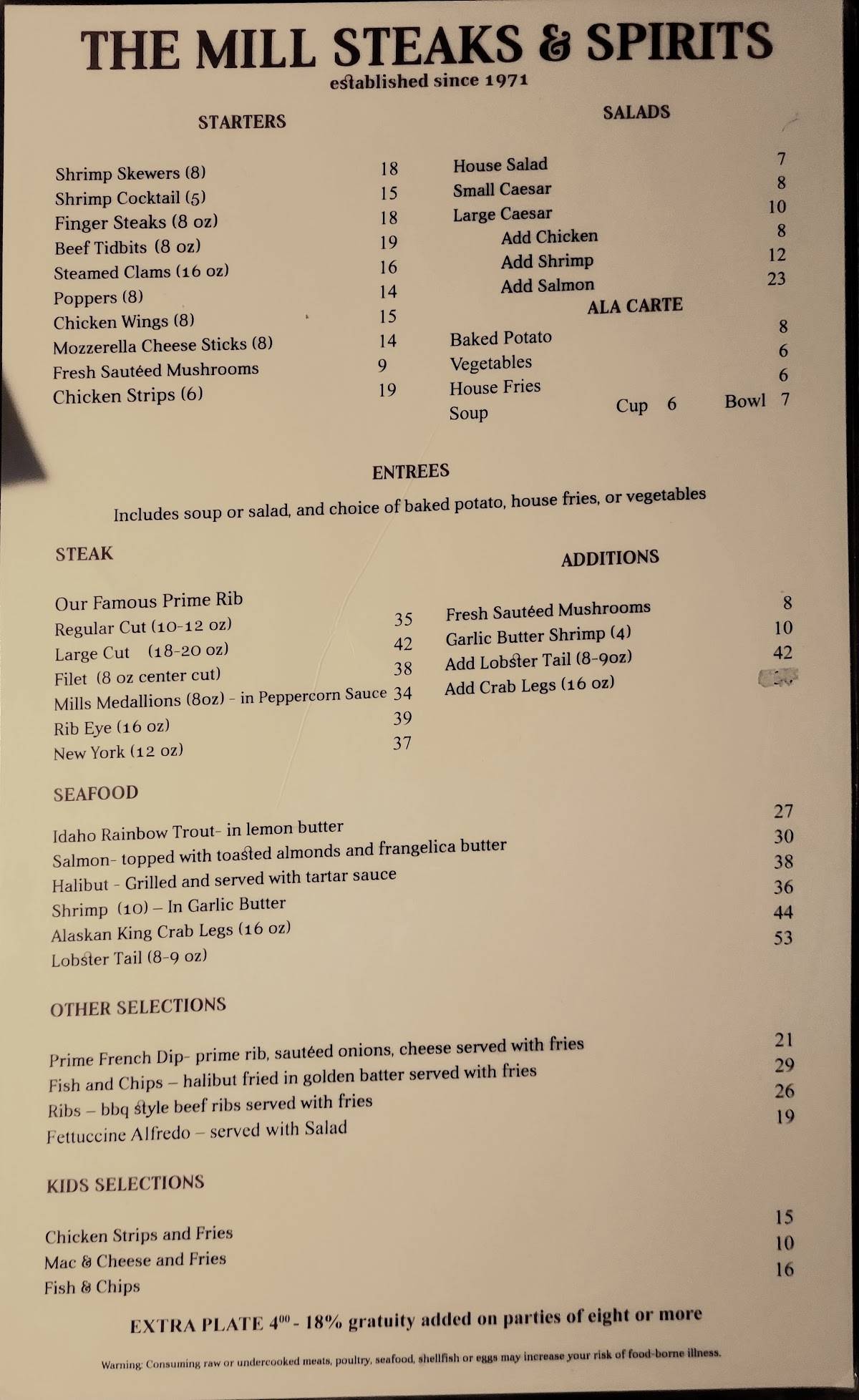 Menu at The Mill Steak and Spirits pub & bar, McCall