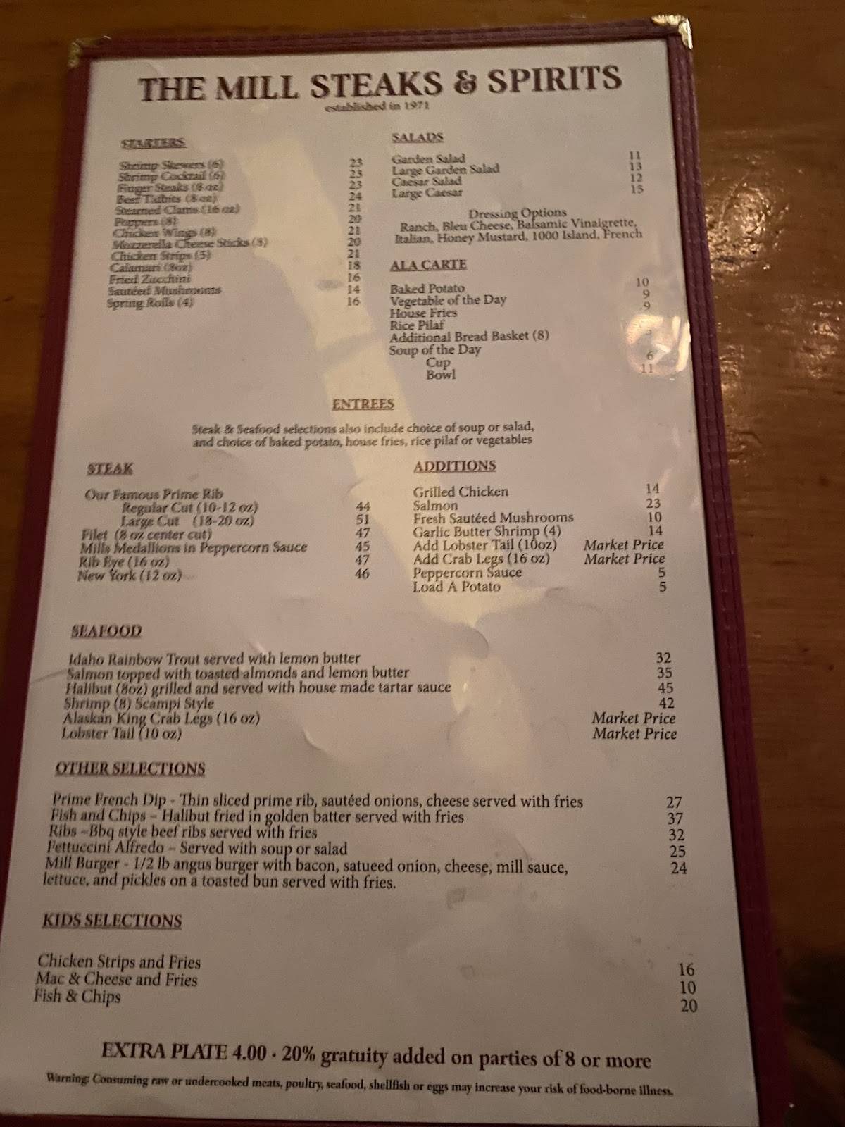 Menu at The Mill Steak and Spirits pub & bar, McCall