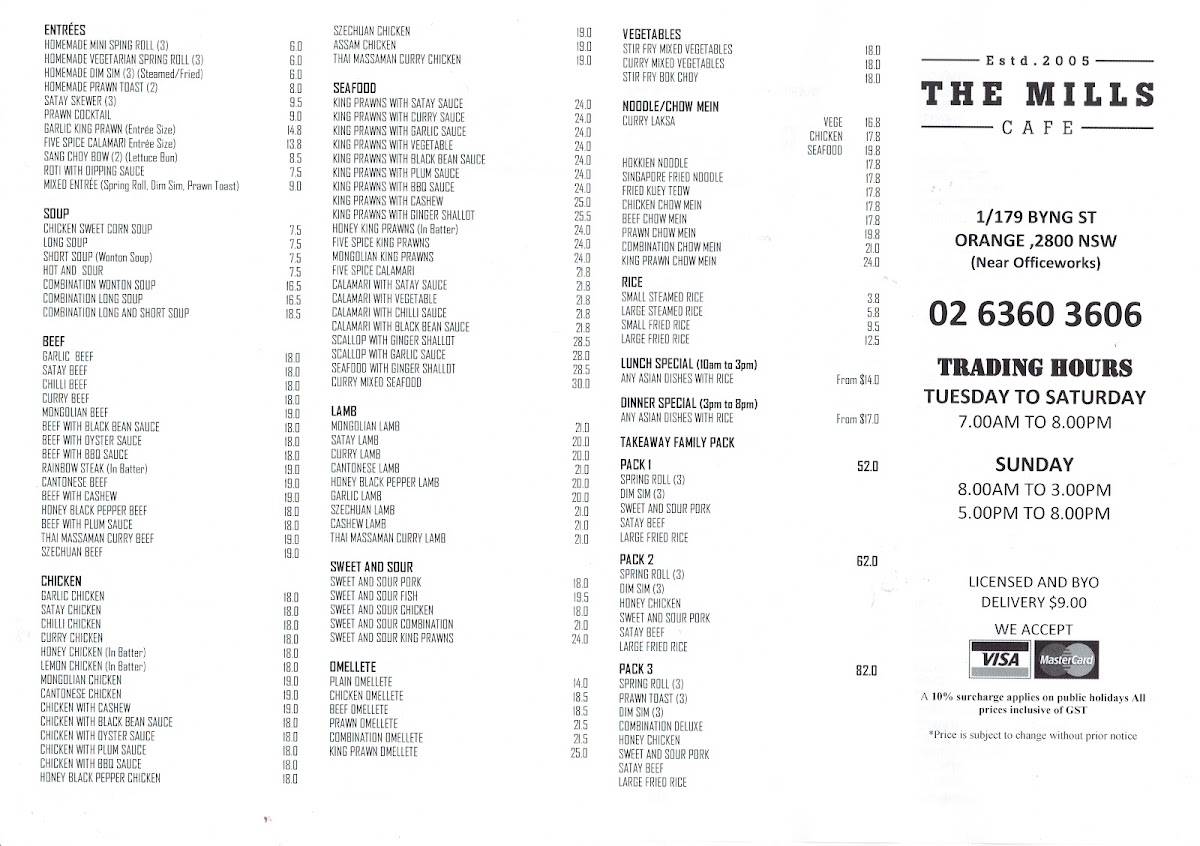 Menu at The Mills fast food, Orange