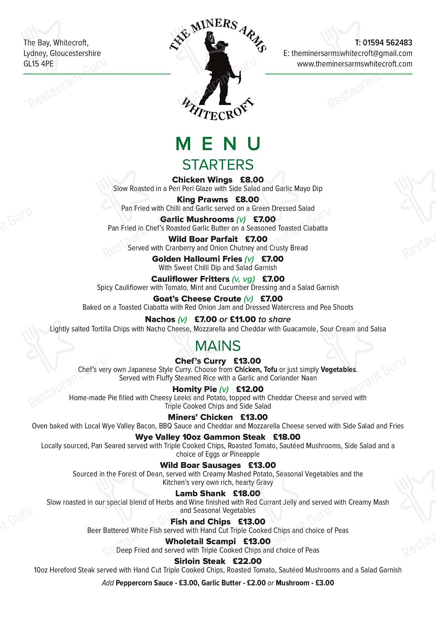 Menu at The Miners Arms pub & bar, Lydney, The Bay