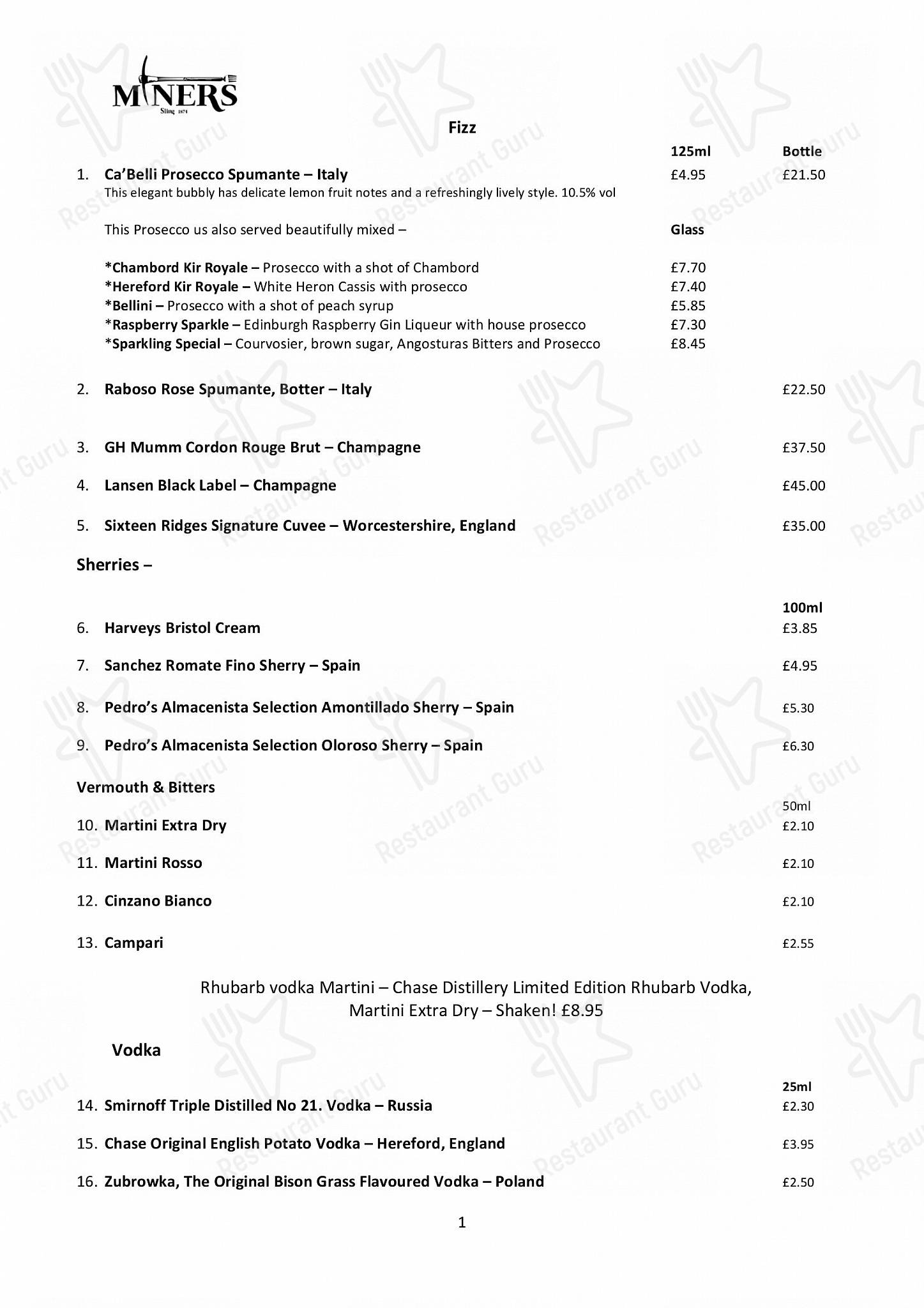 Menu at Miners country inn sling pub & bar, Coleford, Chepstow Road