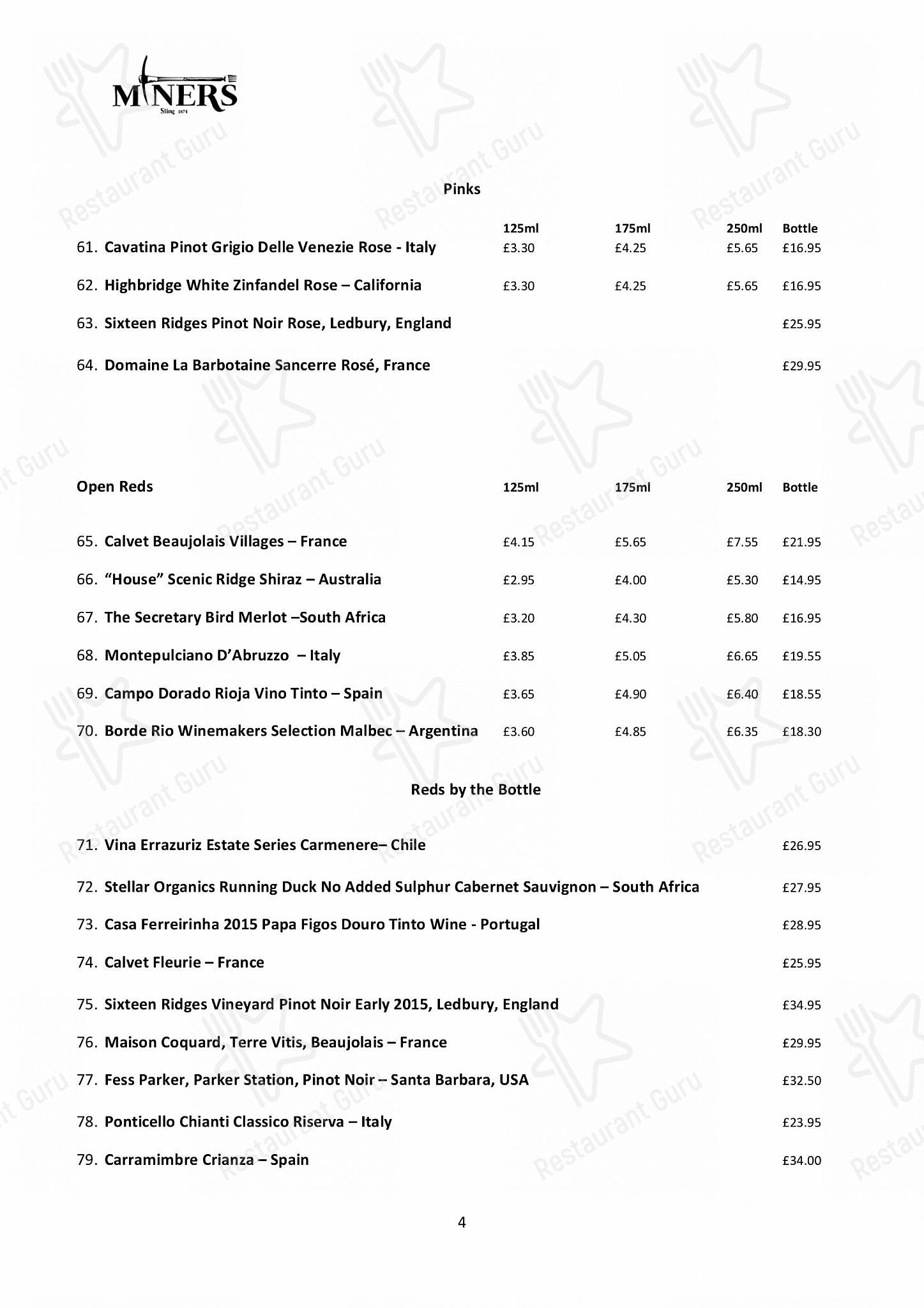 Menu at Miners country inn sling pub & bar, Coleford, Chepstow Road