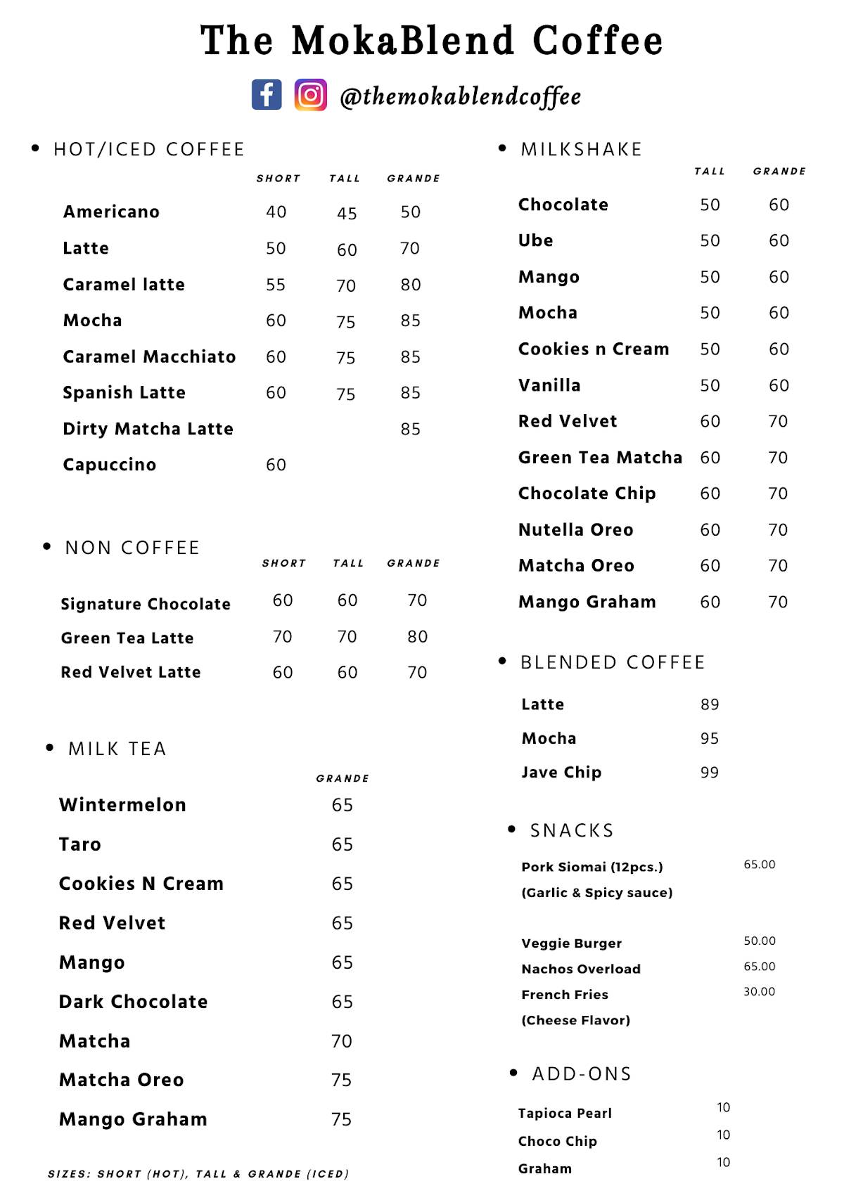 Carta de The MokaBlend Coffee, Digos