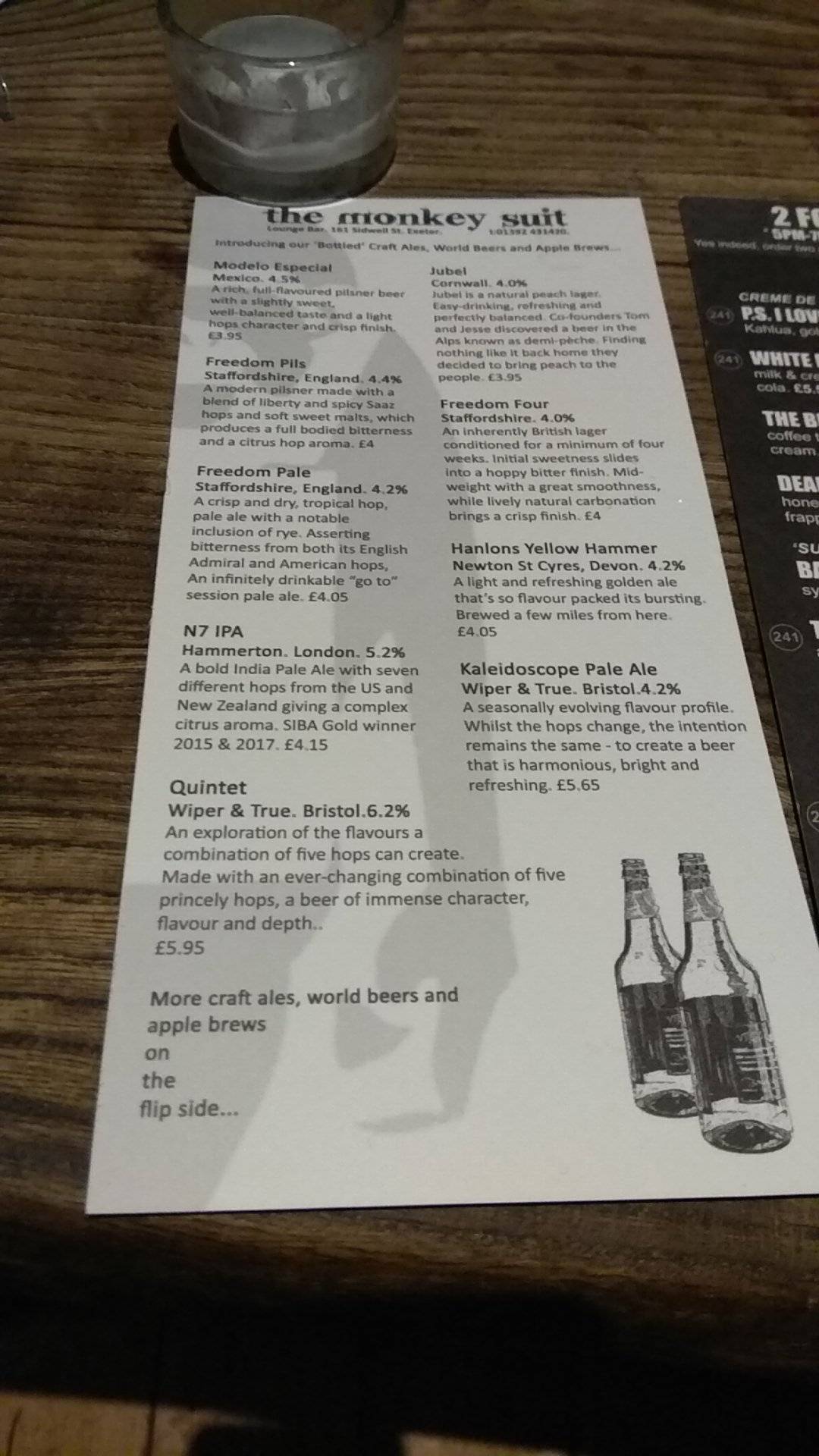 Carta del pub y bar The Monkey Suit, Exeter