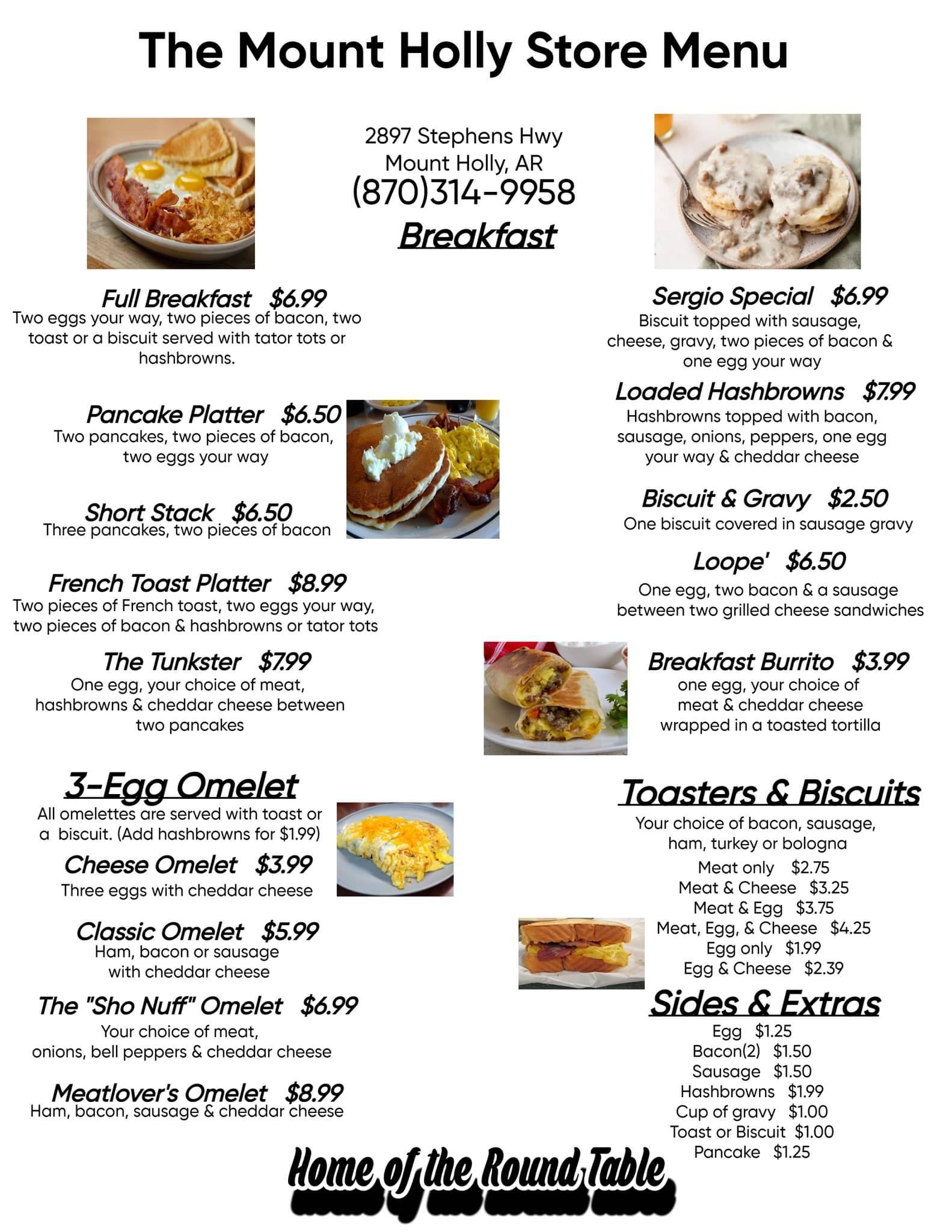 Menu at The Mount Holly Store restaurant, Mount Holly
