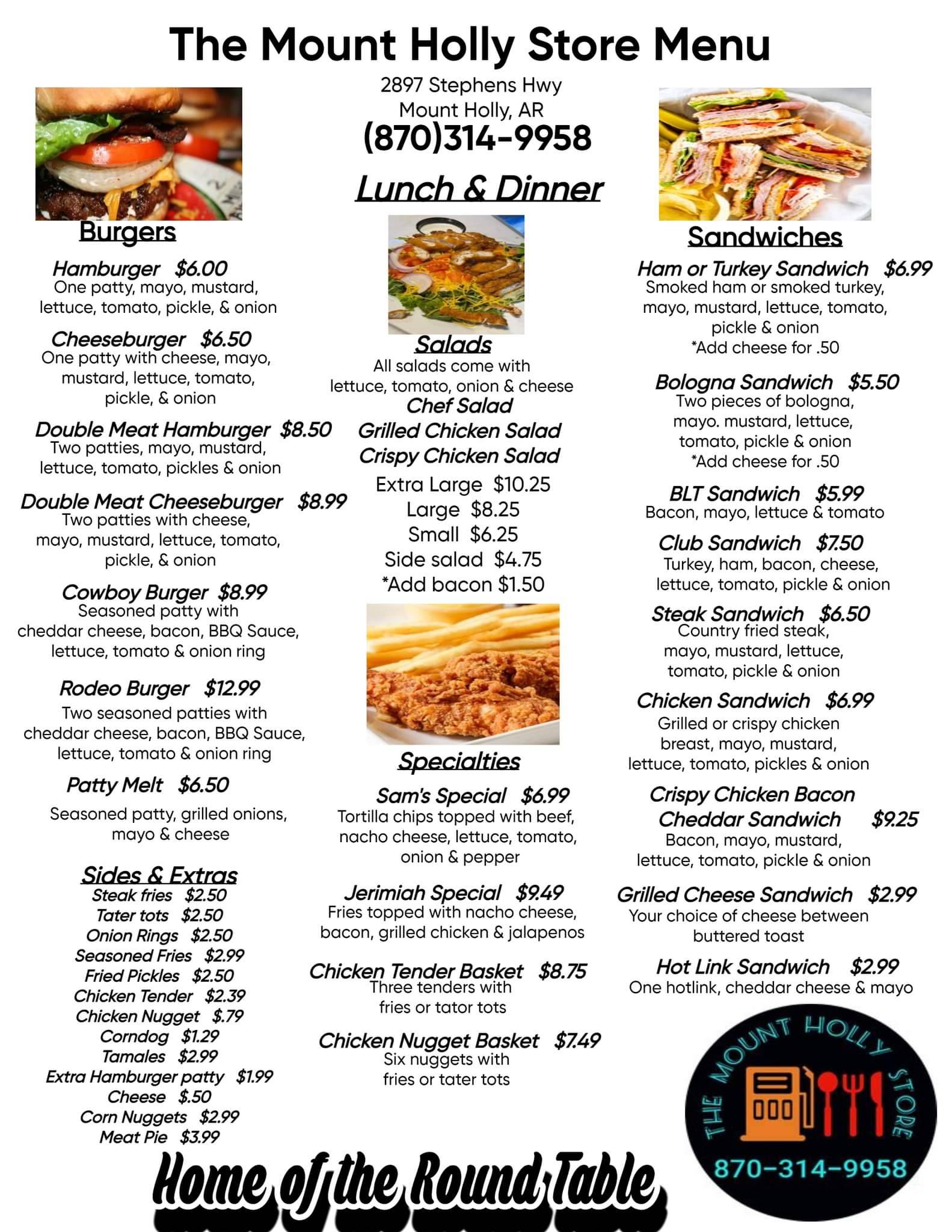 Menu at The Mount Holly Store restaurant, Mount Holly