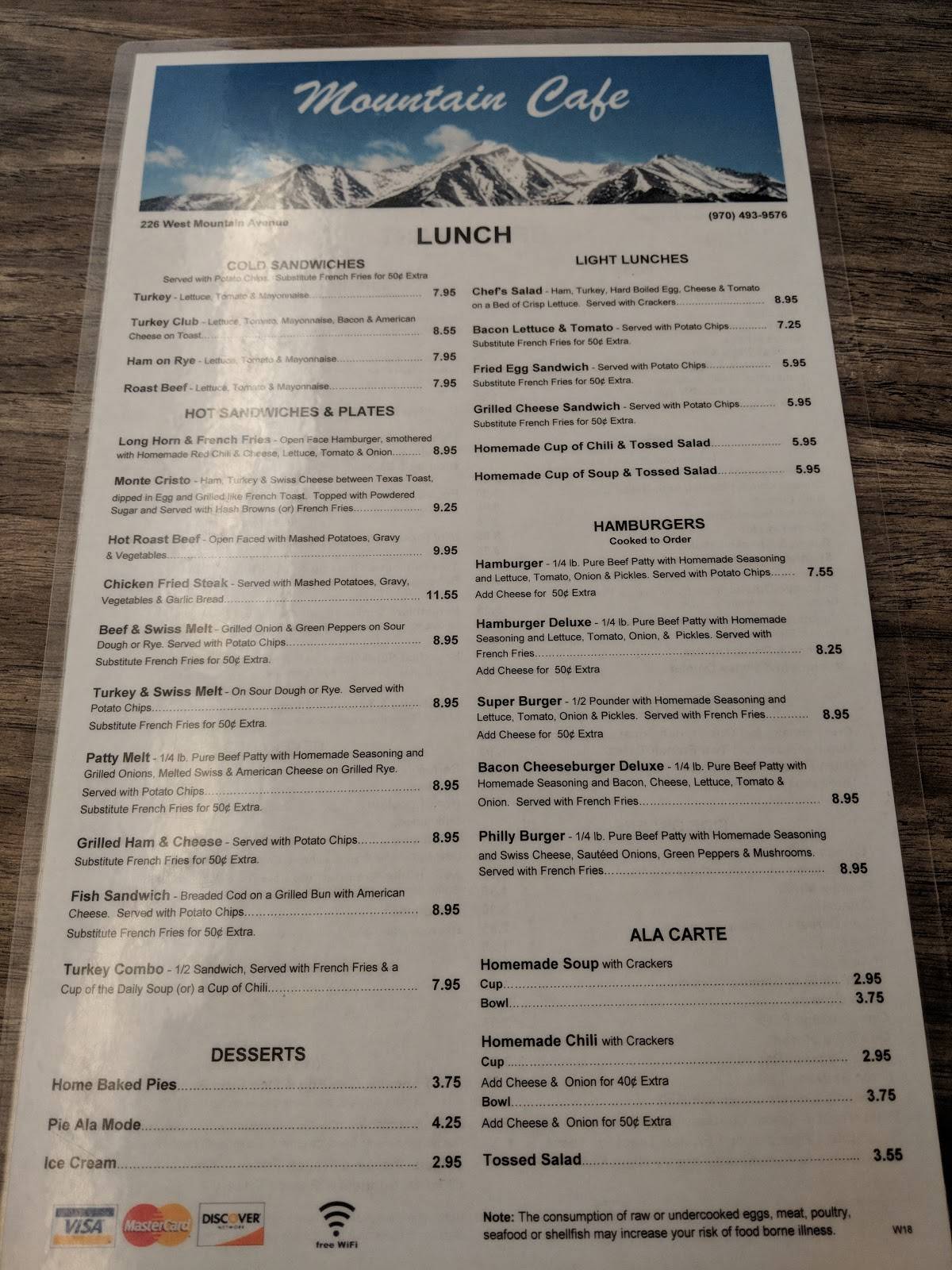 Menu at The Mountain Cafe, Fort Collins