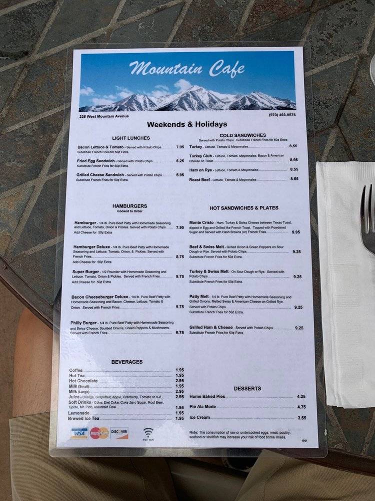 Menu at The Mountain Cafe, Fort Collins