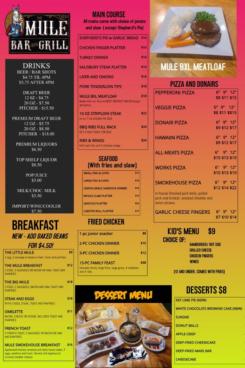 Menu at The Mule Bar & Grill, Sussex