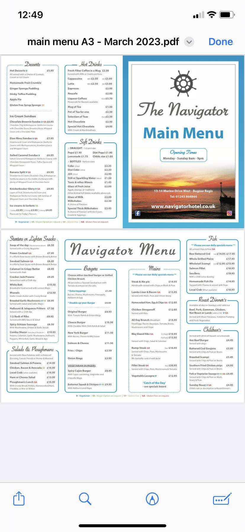 Menu at The Navigator Hotel pub & bar, Bognor Regis