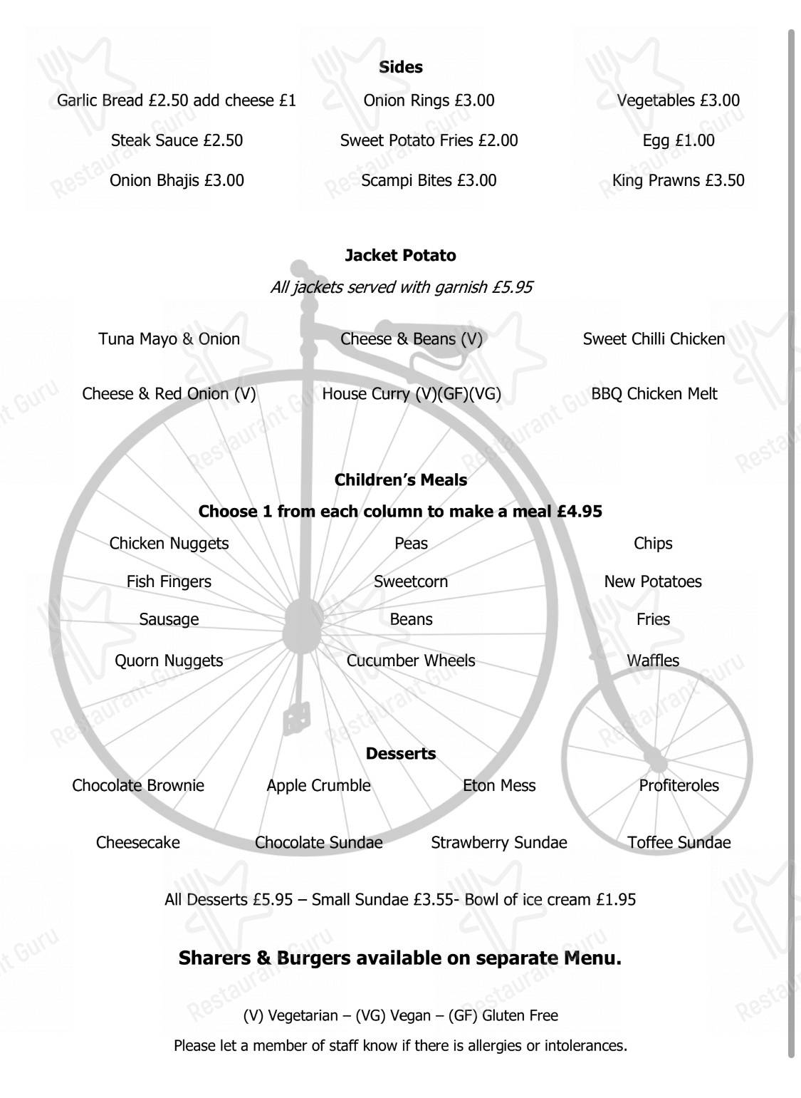Menu at The Penny Farthing restaurant, Llantrisant