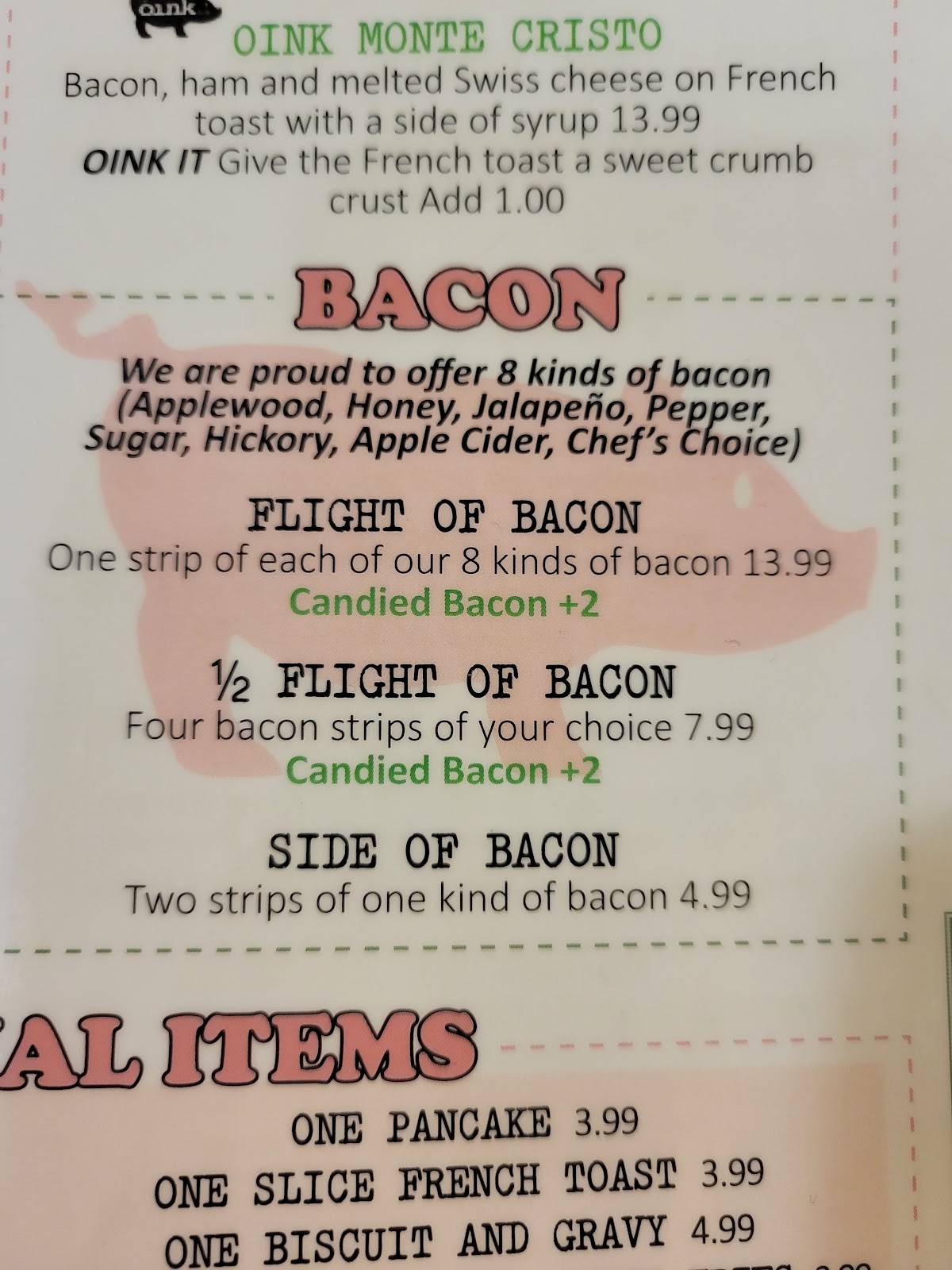 Menu at The Oink Cafe, Phoenix