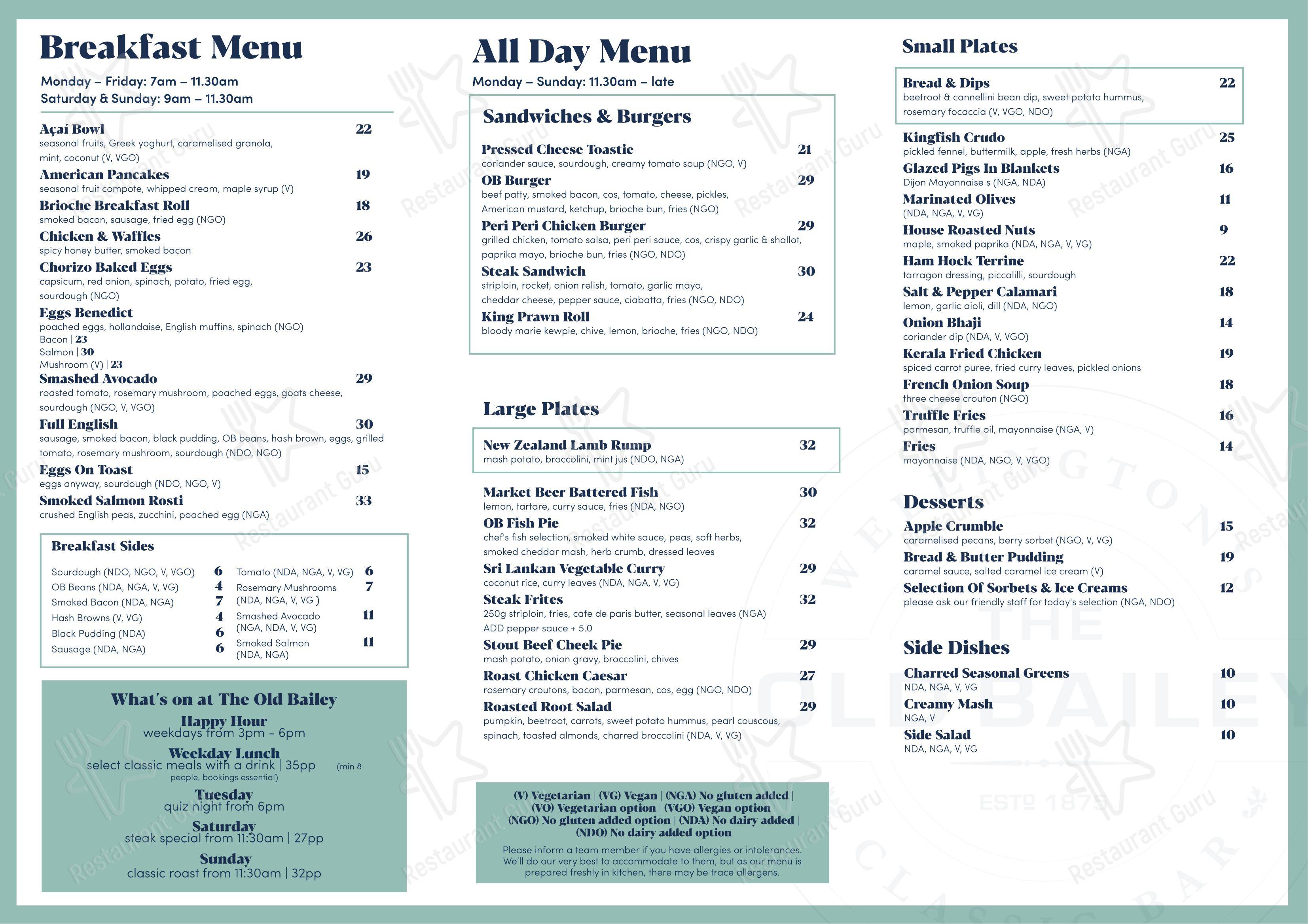Menu at The Old Bailey pub & bar, Wellington