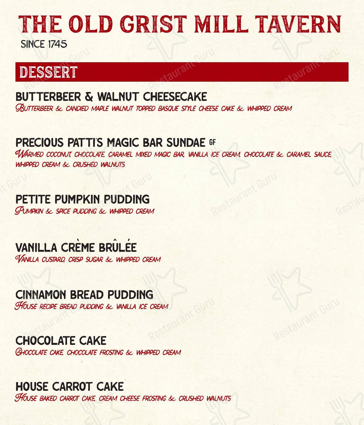 Menu at The Old Grist Mill Tavern pub & bar, Seekonk
