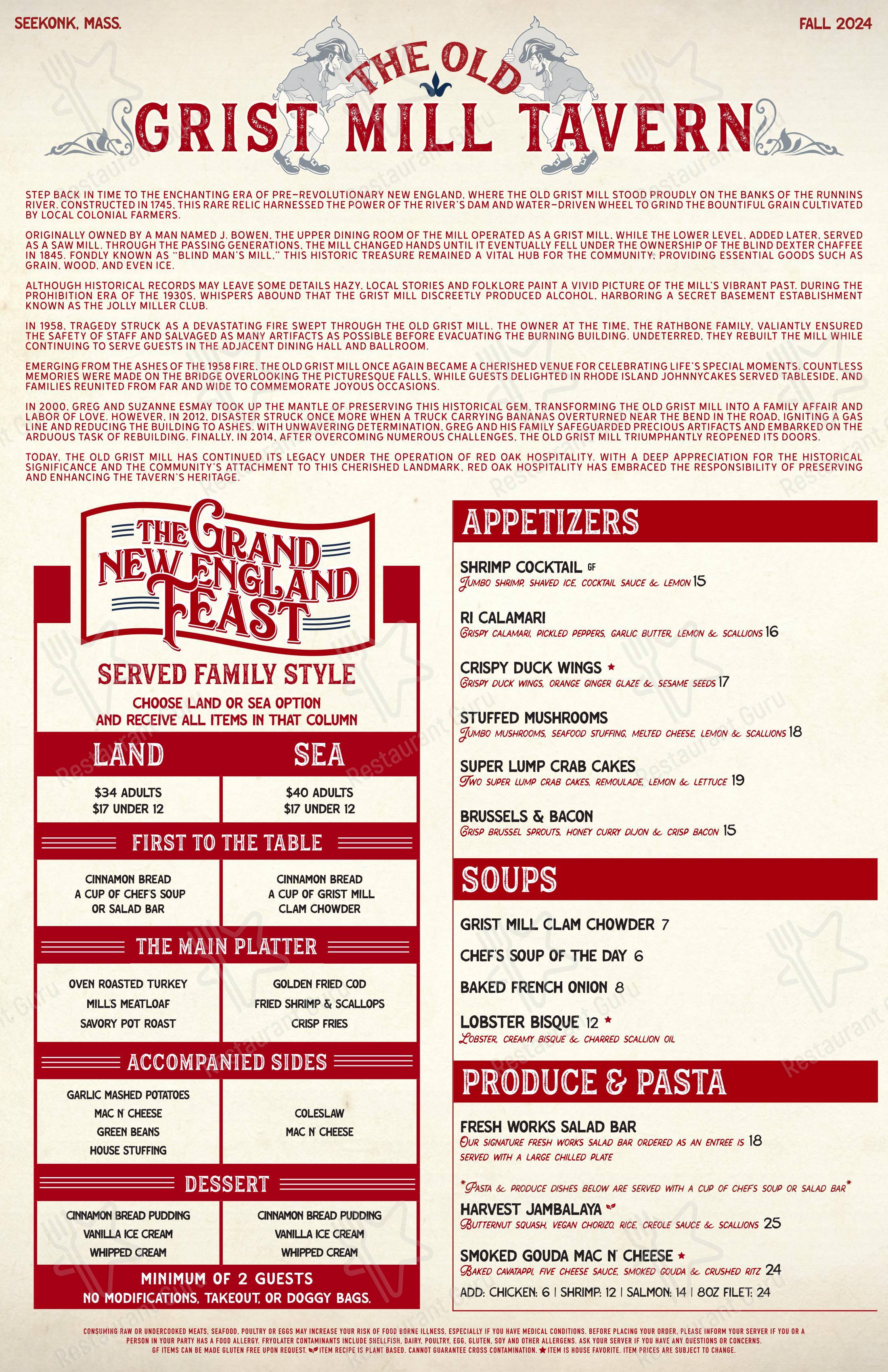 Menu at The Old Grist Mill Tavern pub & bar, Seekonk