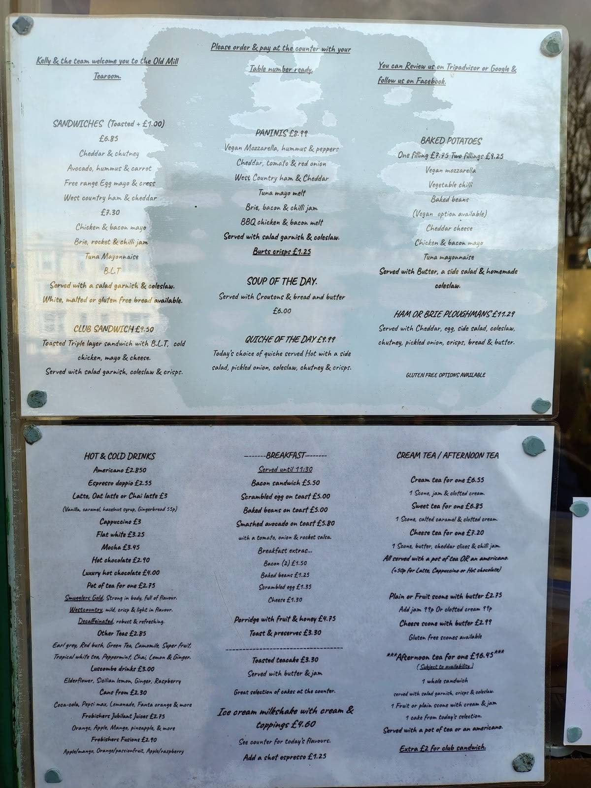 Menu at The Old Mill Tea Room cafe, Dawlish