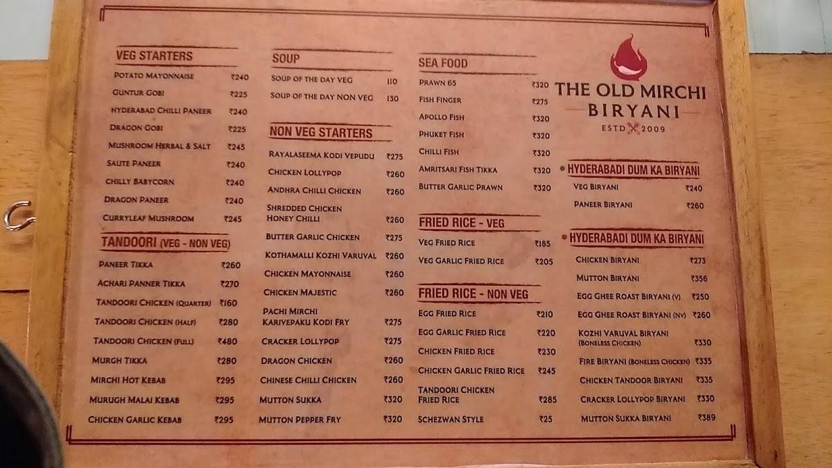 Menu at The Old Mirchi Biryani, Chennai, 2/72