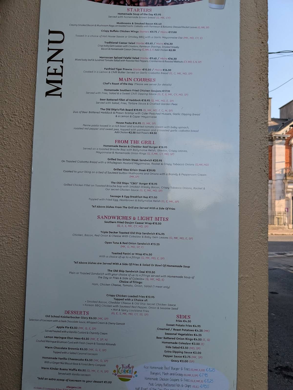 Menu at The Old Ship Inn pub & bar, Arklow
