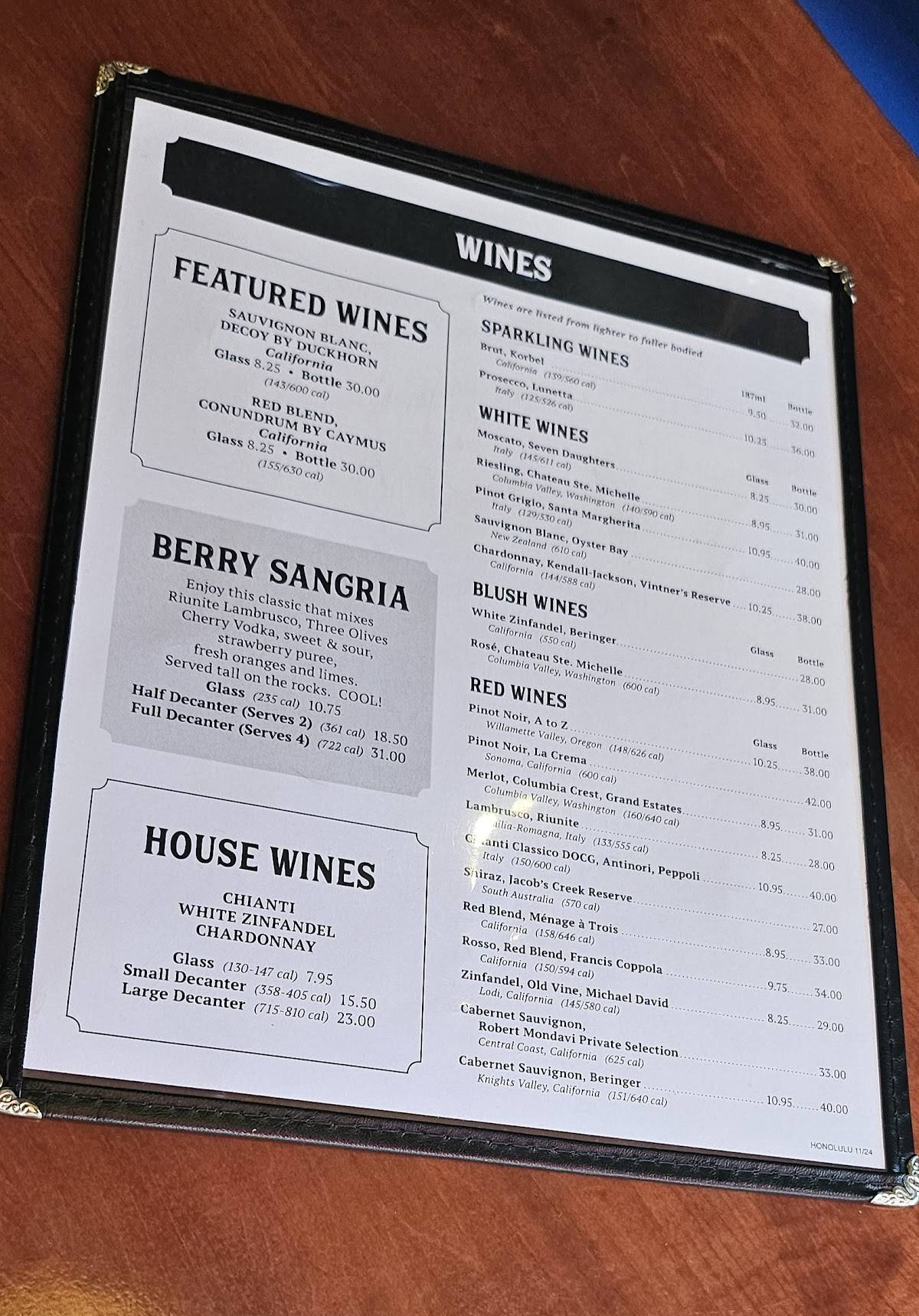 Menu at The Old Spaghetti Factory restaurant, Honolulu