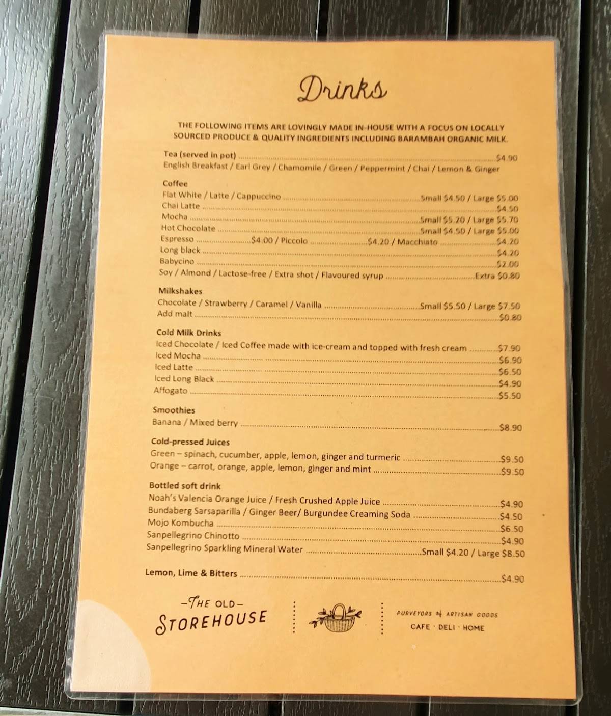 Menu at The Old Storehouse cafe, Dayboro, 30 Williams St