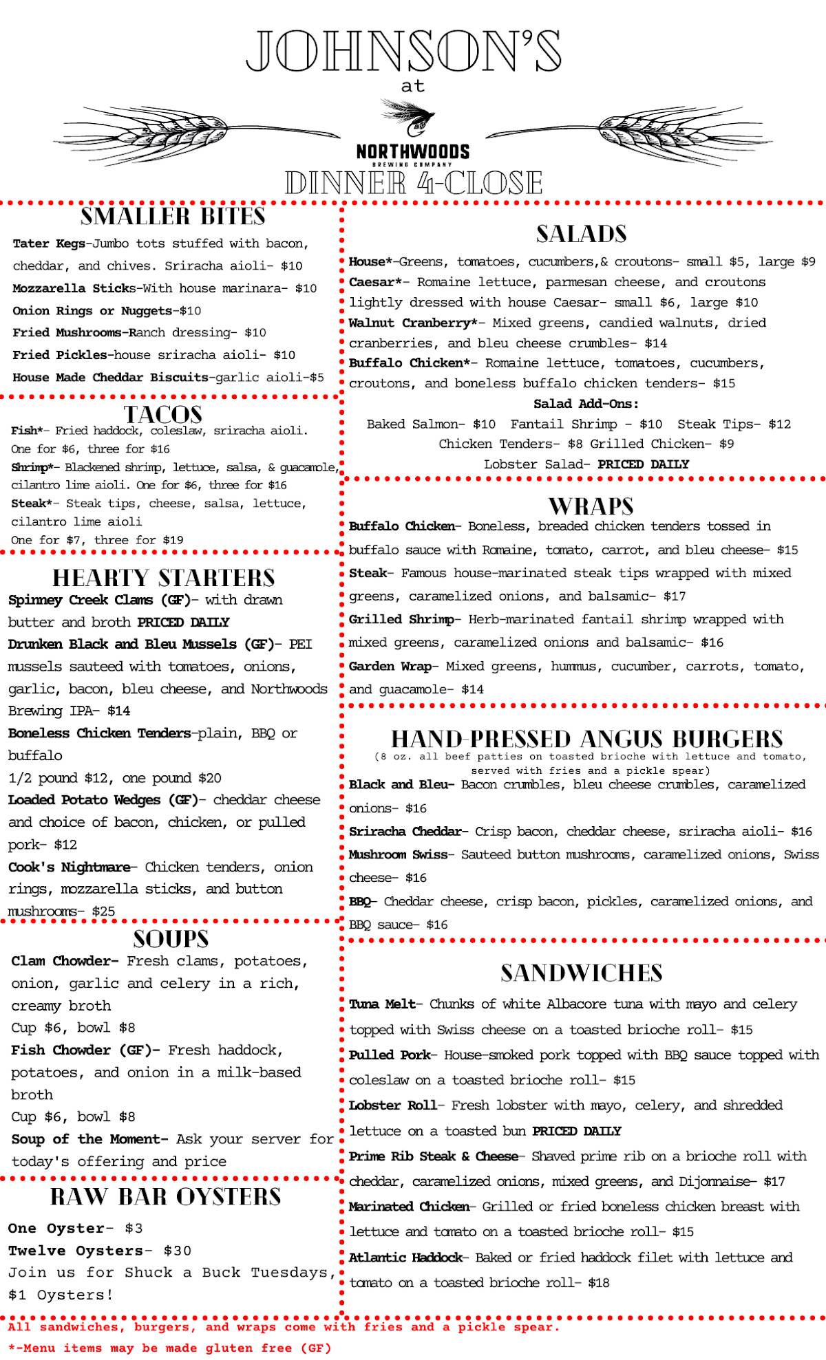 Menu at The Original Johnson's Dairy Bar at Northwoods Brewing Company ...