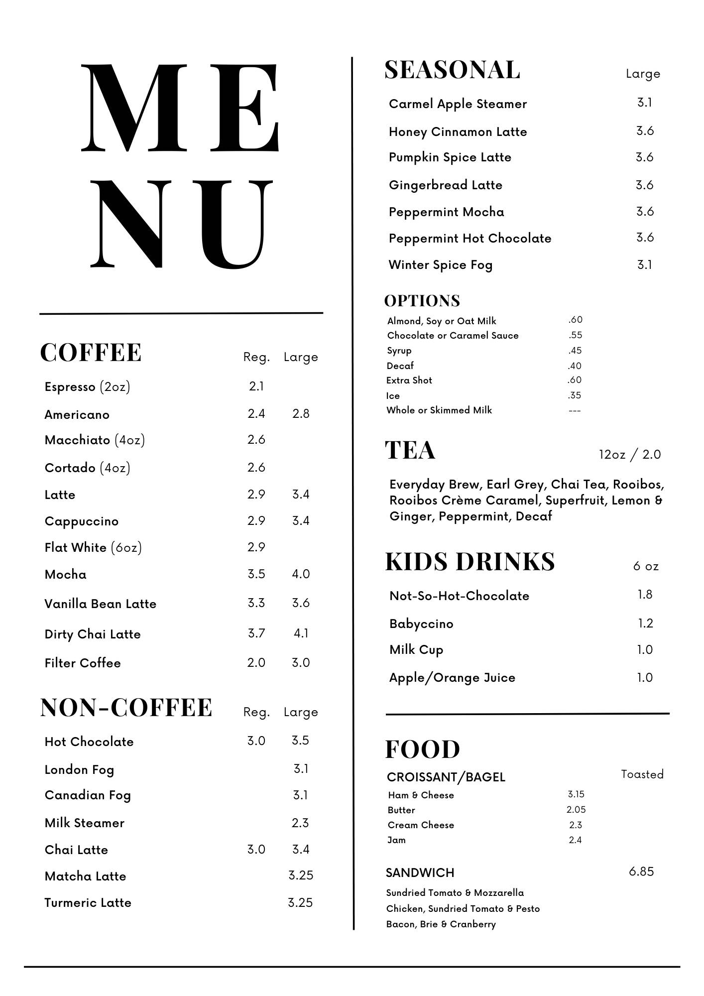 Menu at The Oval Cafe, Harpenden