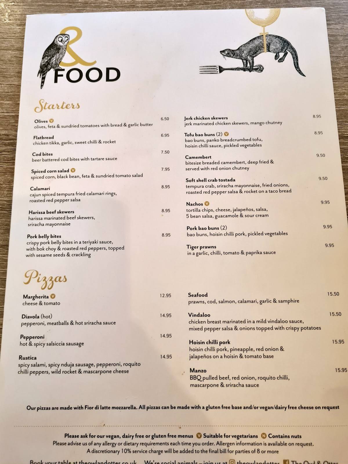 Menu at The Owl & Otter pub & bar, Burnopfield