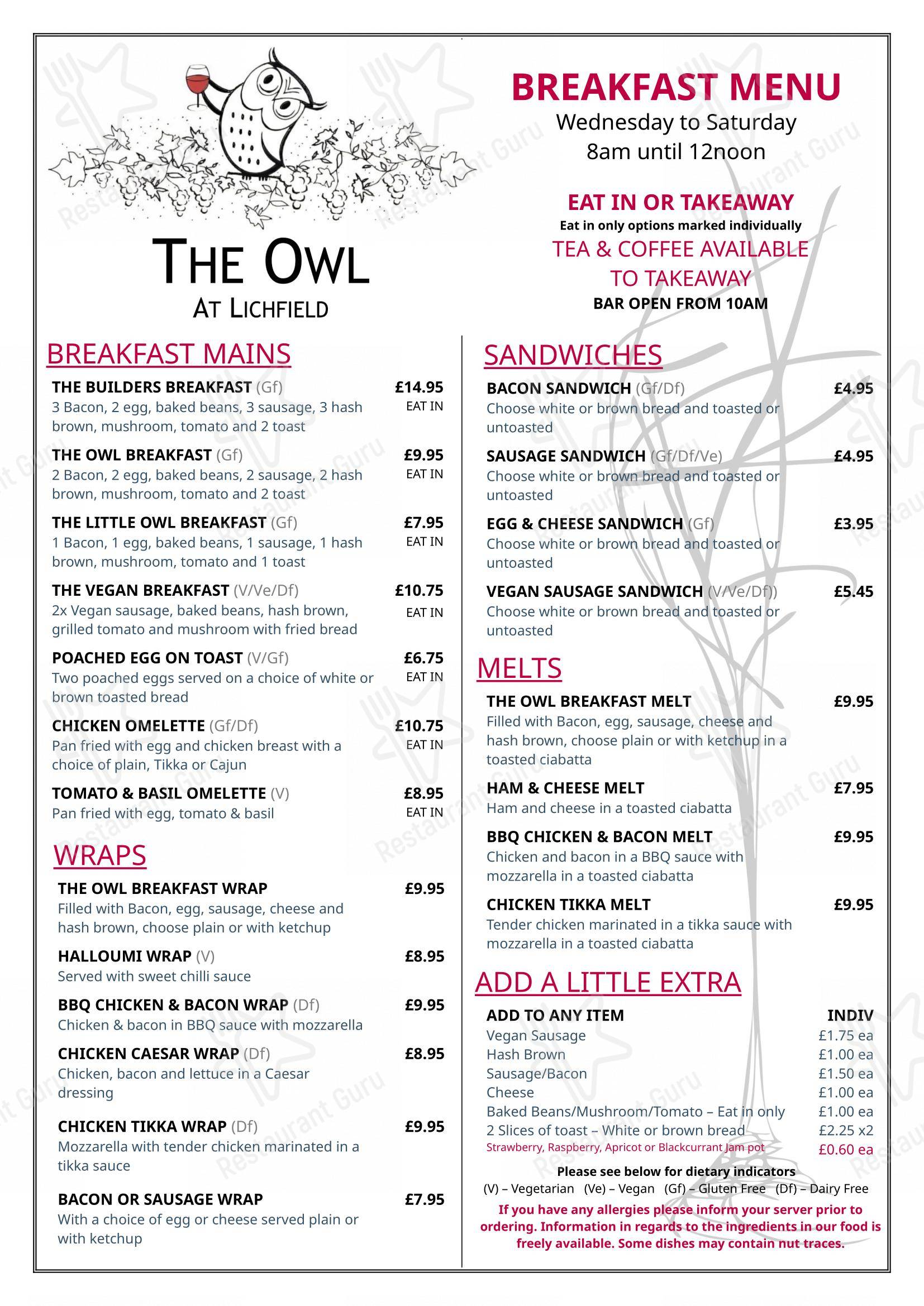 Menu at The Owl at Lichfield pub & bar, Lichfield