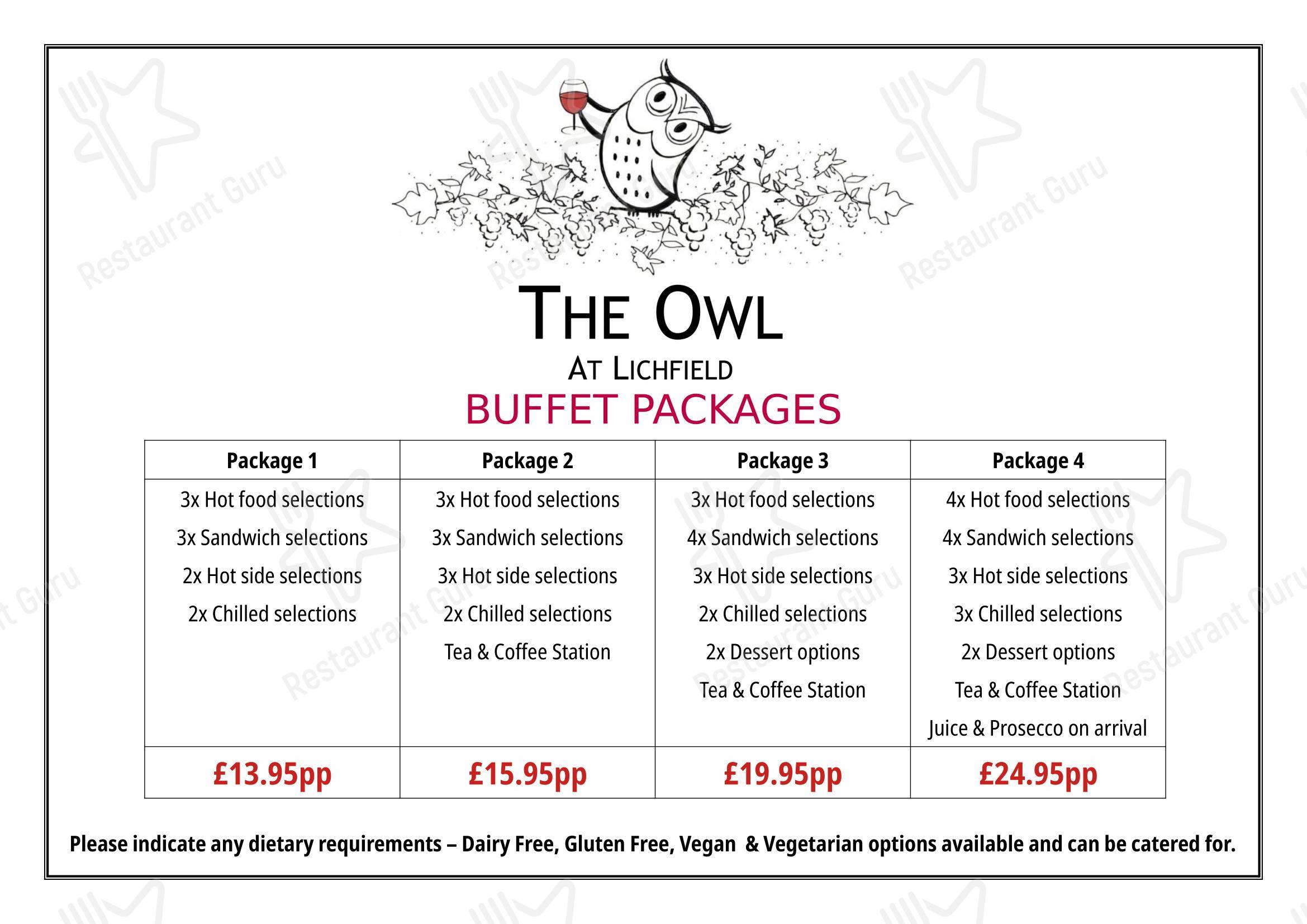 Menu at The Owl at Lichfield pub & bar, Lichfield