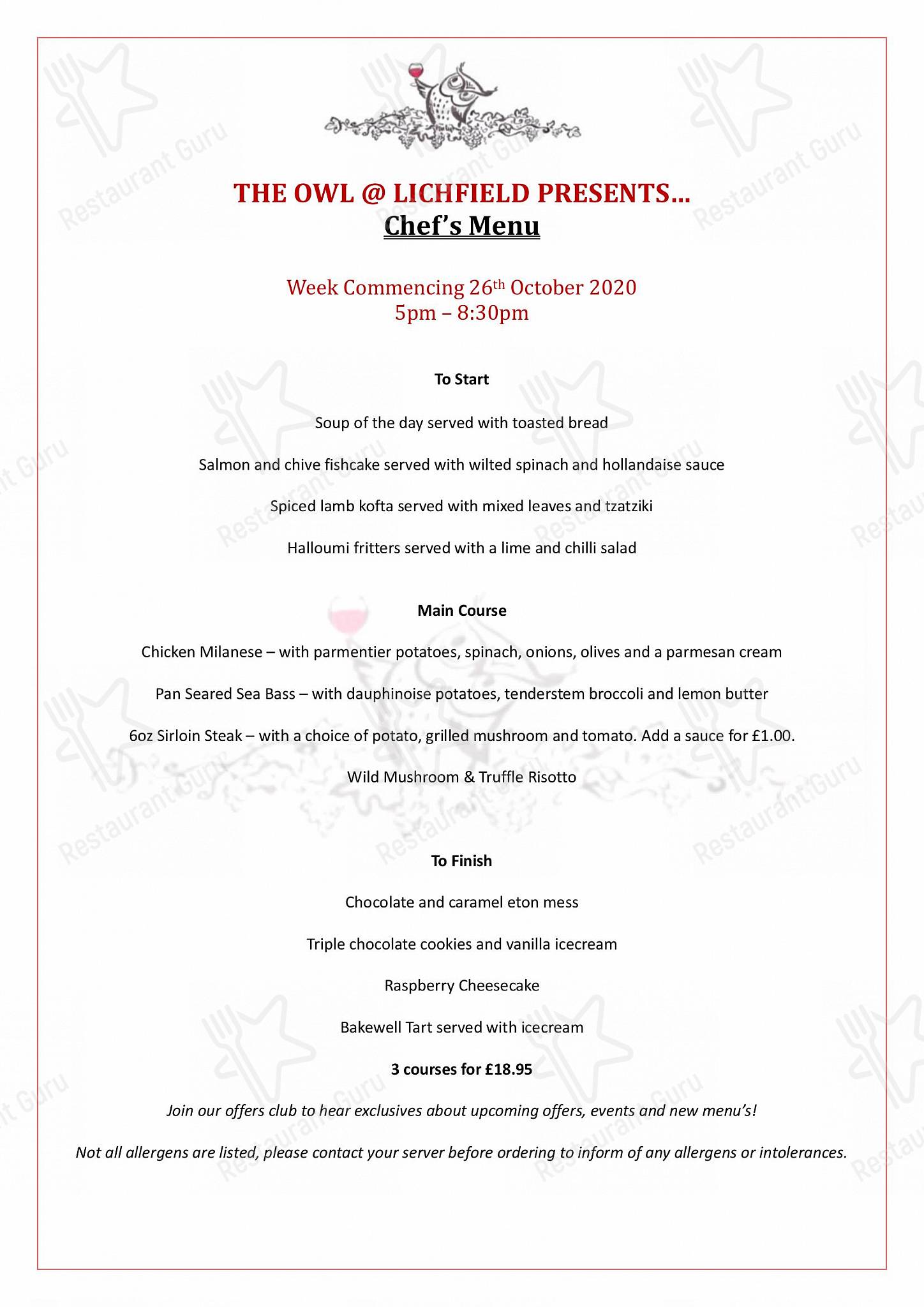 Menu at The Owl at Lichfield pub & bar, Lichfield