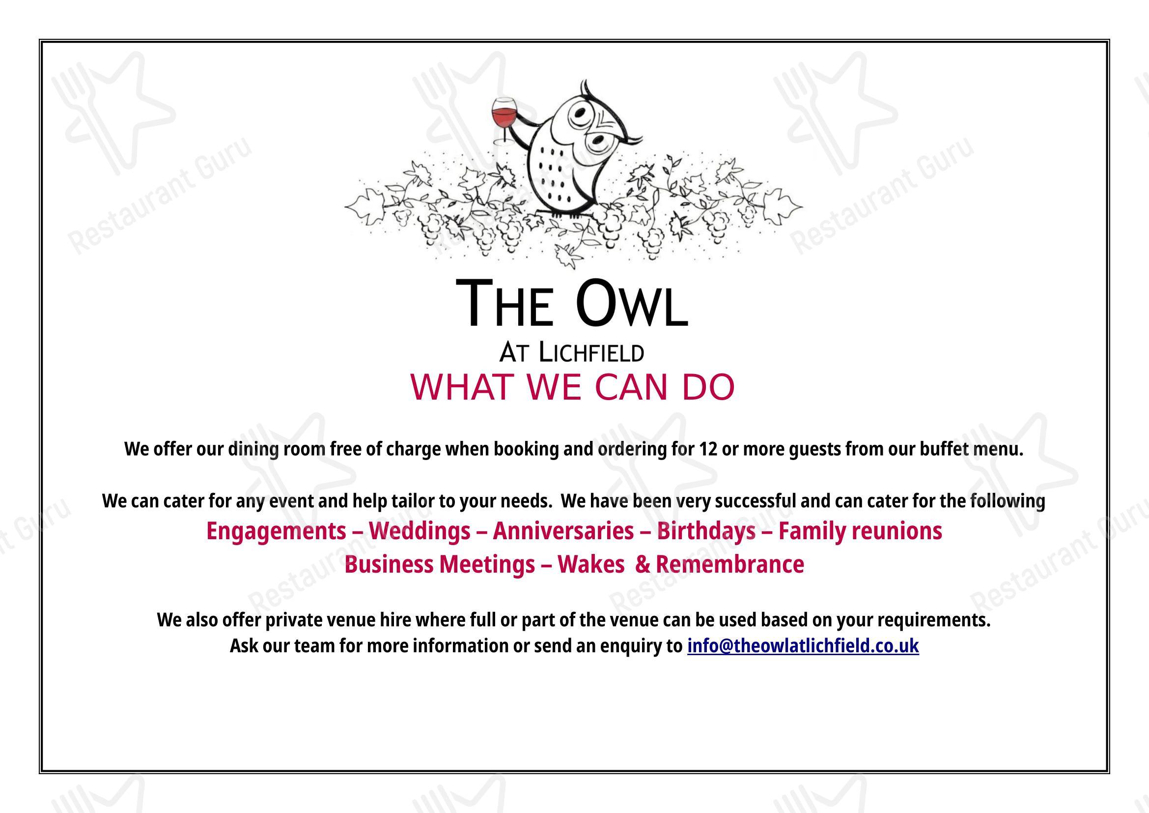 Menu at The Owl at Lichfield pub & bar, Lichfield