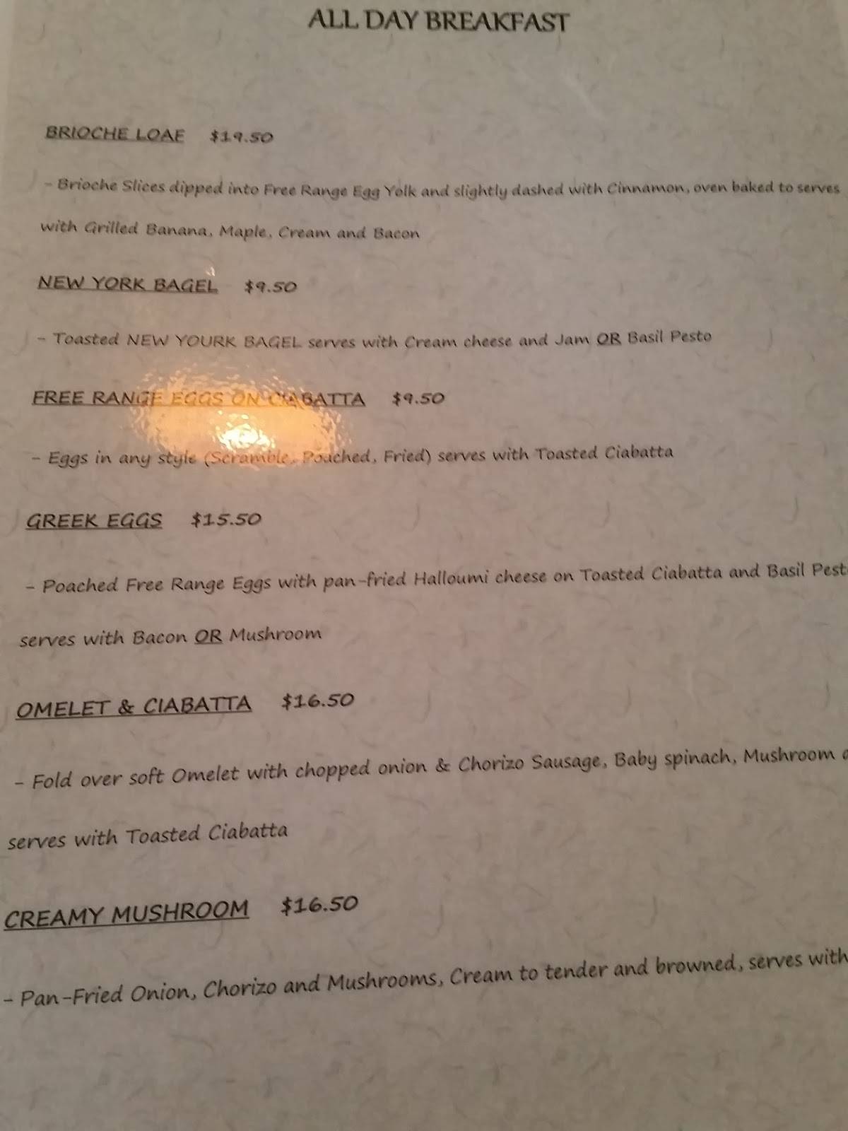 Menu at The Page Corner Kingsland cafe, Auckland