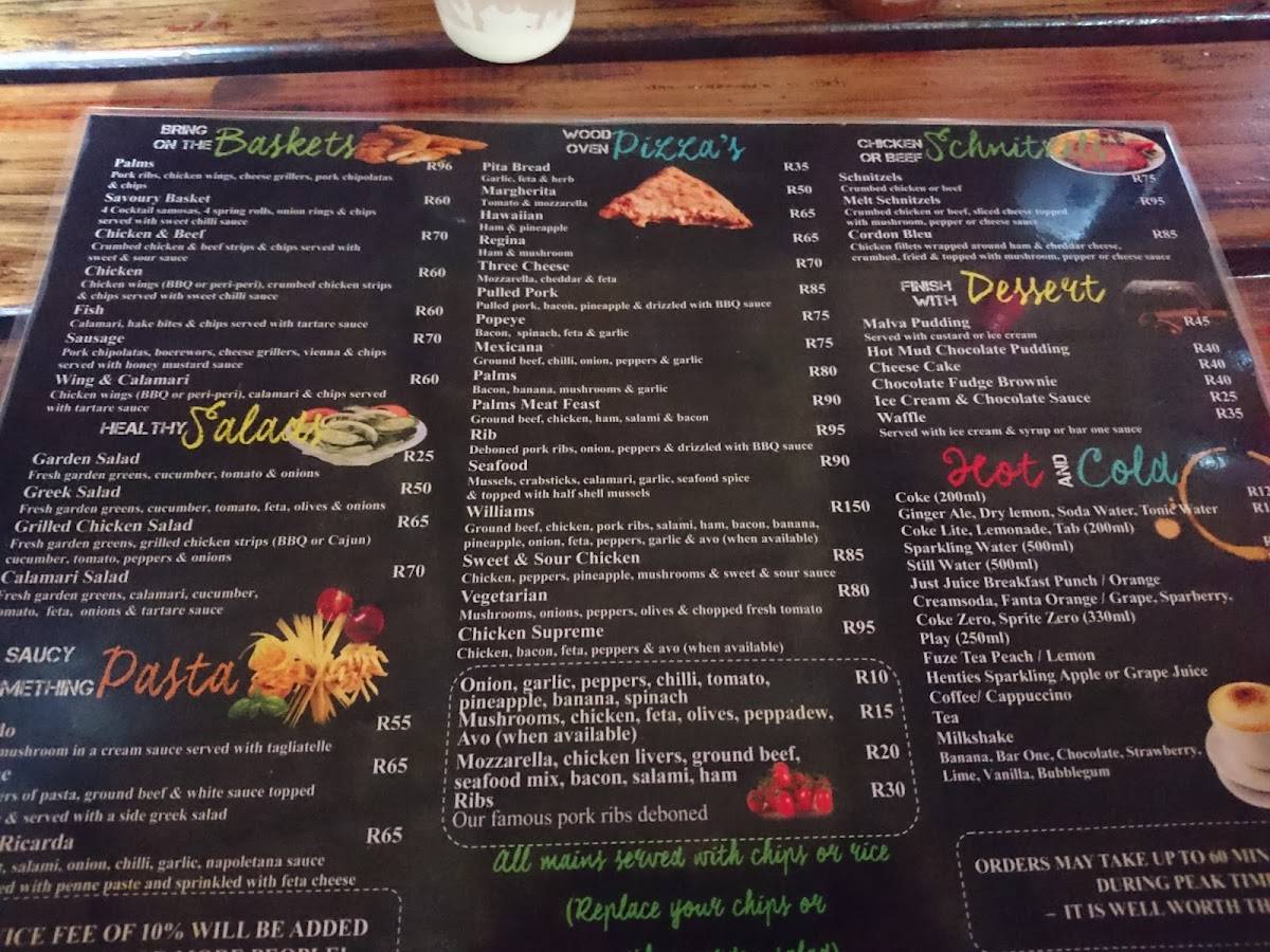 Menu at The Palms Restaurant, Cape Town