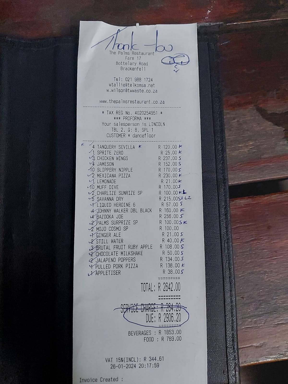 Menu at The Palms Restaurant, Cape Town