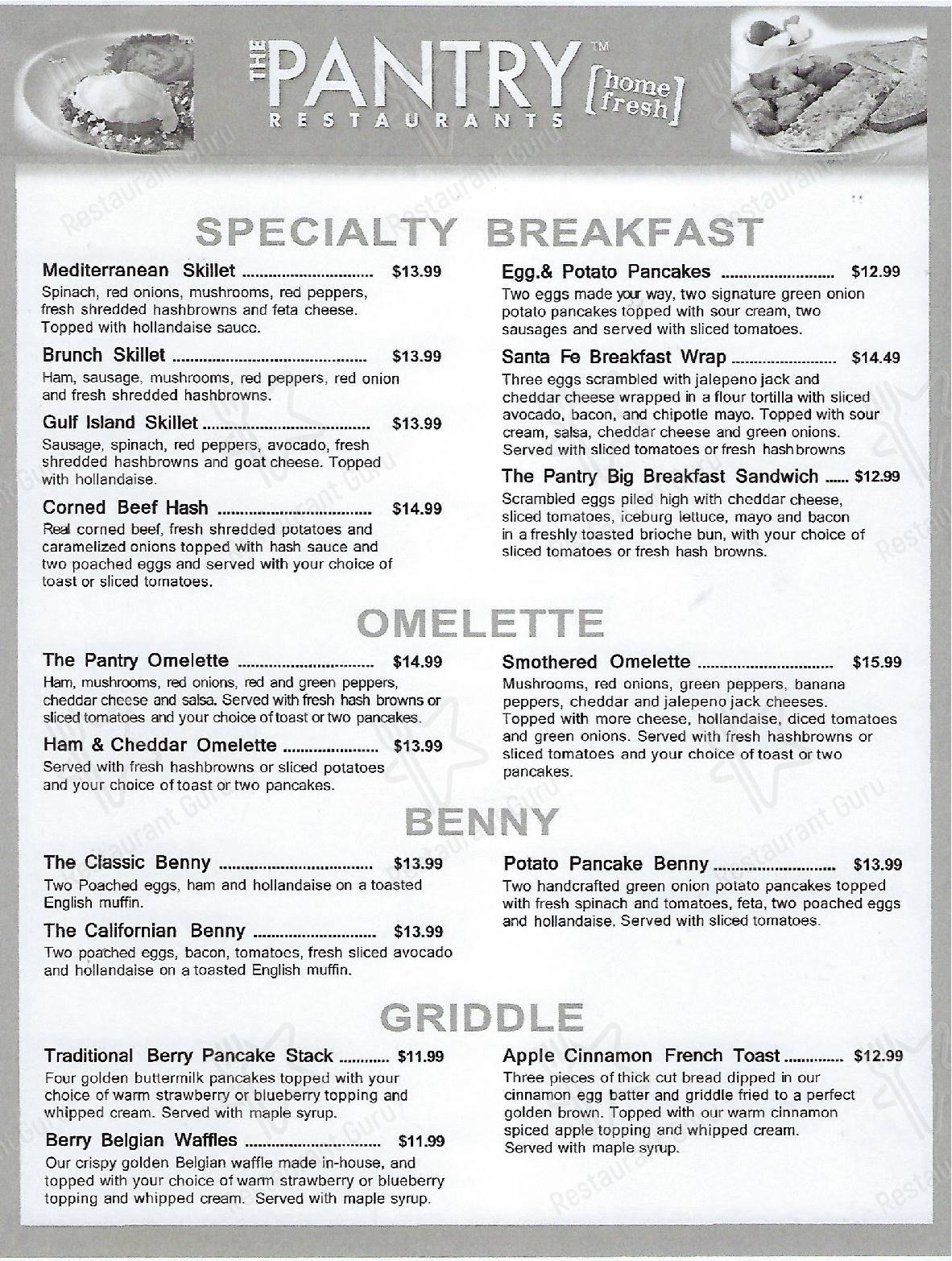 Menu at The Pantry restaurant, Nanaimo