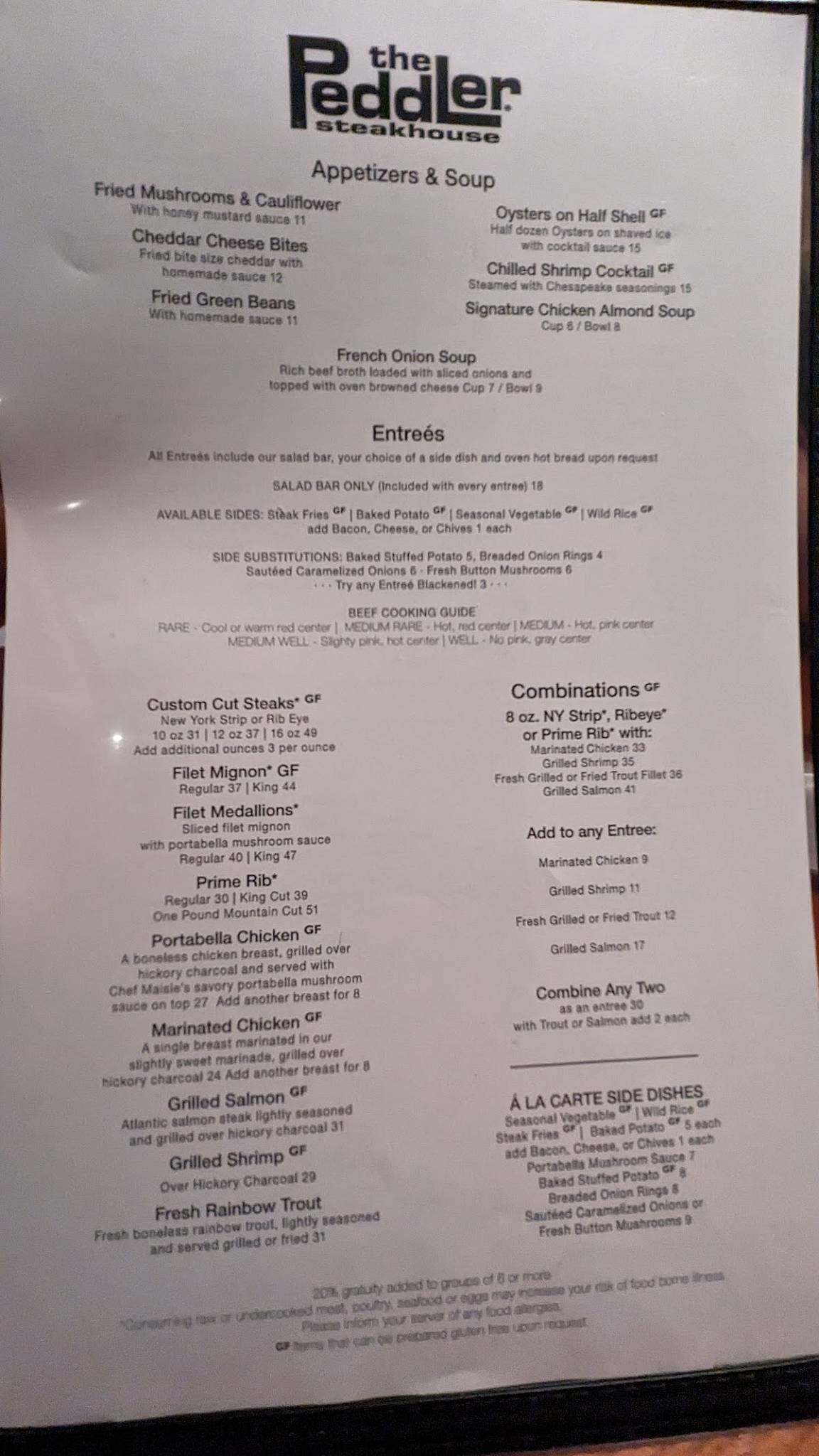 Menu at The Peddler Steakhouse, Gatlinburg