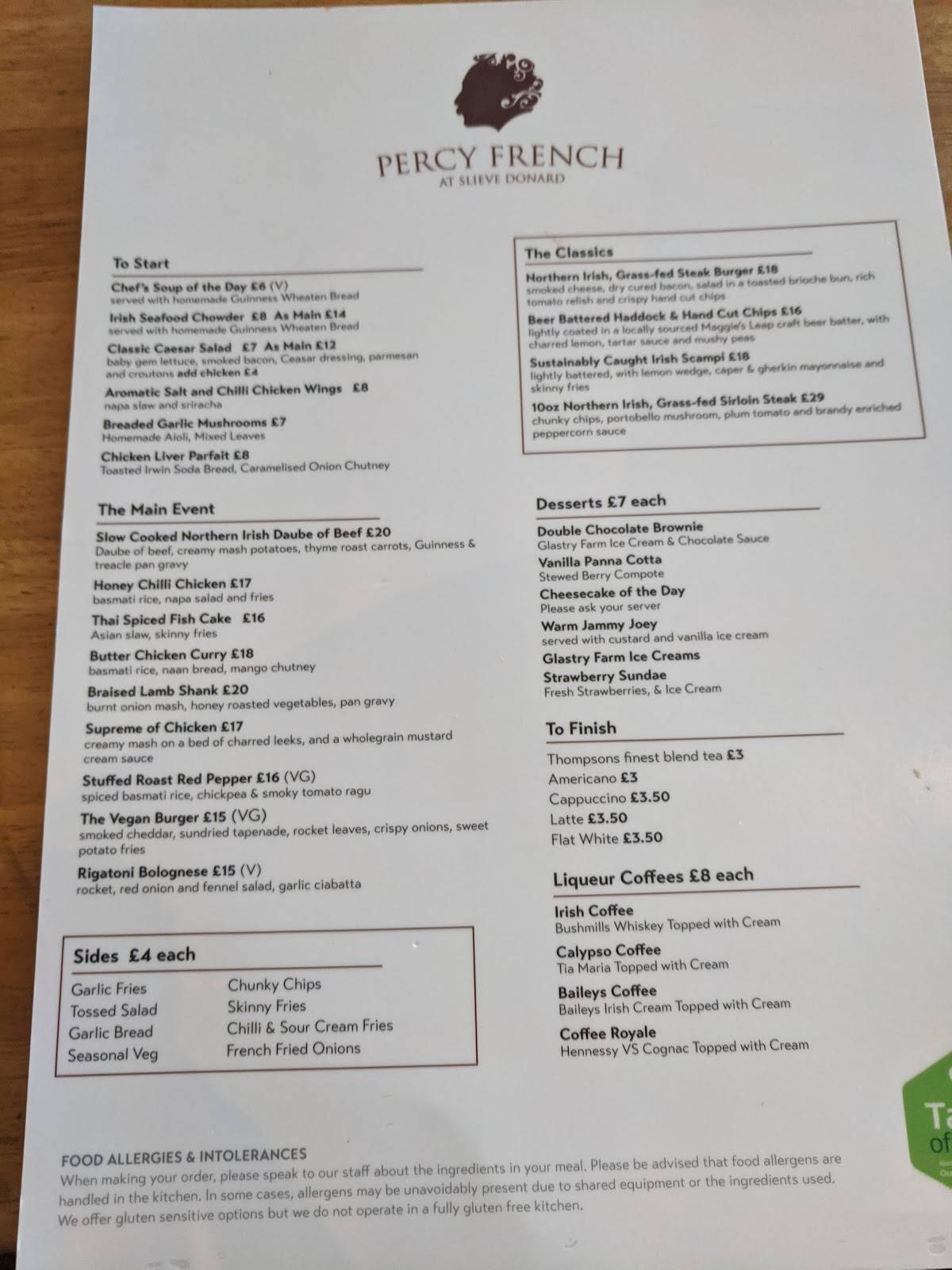 Menu at The Percy French restaurant, Newcastle, Downs Rd