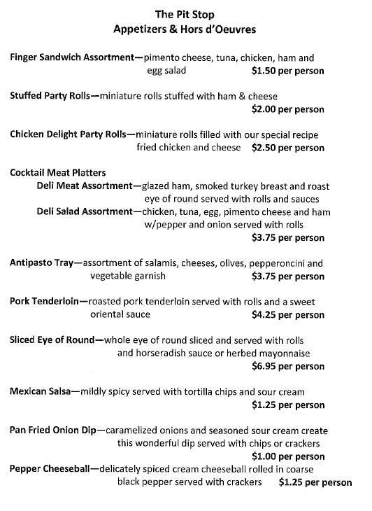Menu at The Pit Stop restaurant, Greenville