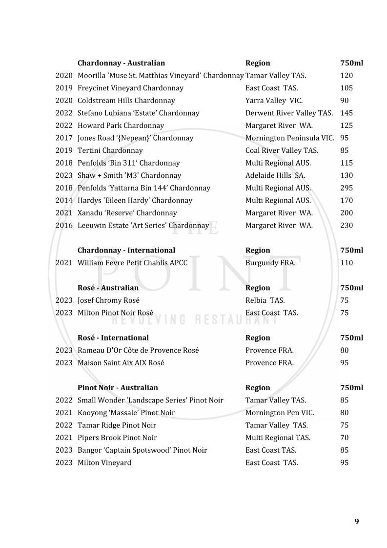 Menu at The Point Revolving Restaurant, Sandy Bay, 410 Sandy Bay Rd