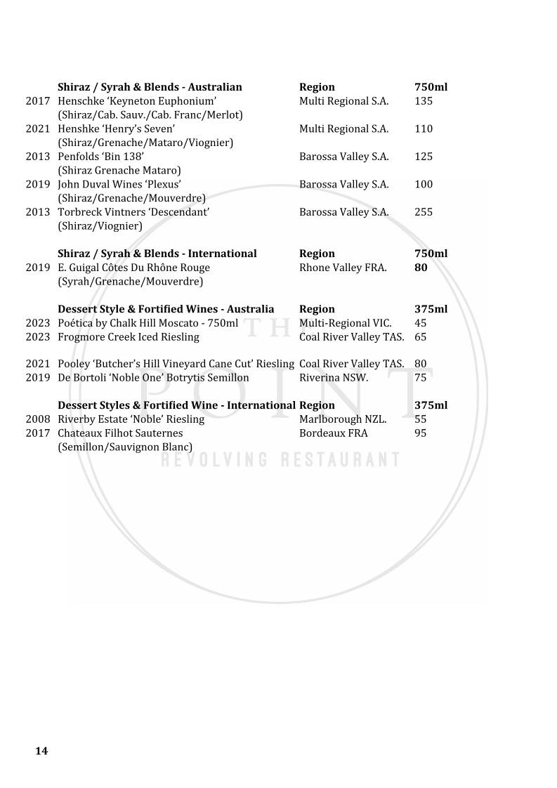 Menu at The Point Revolving Restaurant, Sandy Bay, 410 Sandy Bay Rd