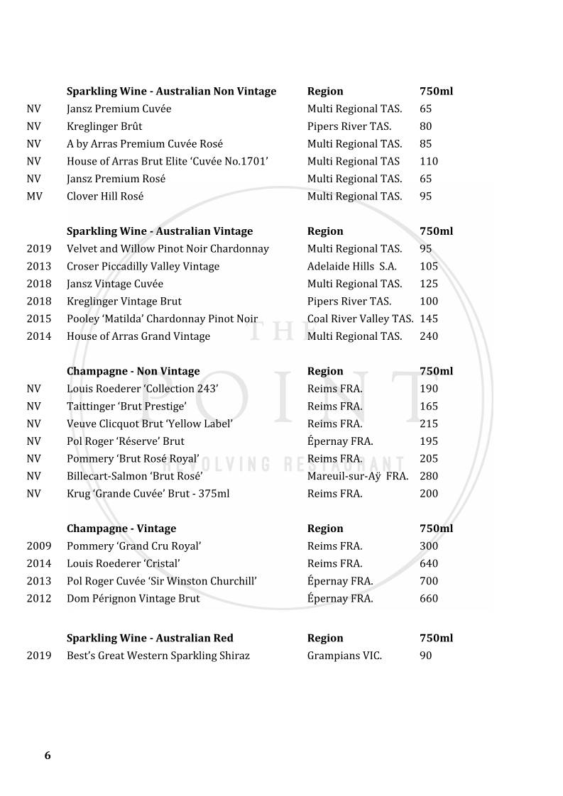 Menu at The Point Revolving Restaurant, Sandy Bay, 410 Sandy Bay Rd