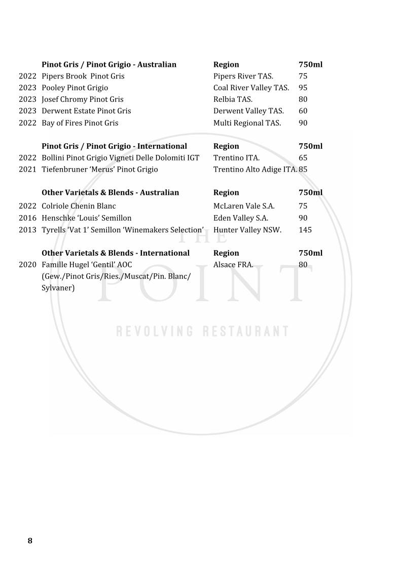 Menu at The Point Revolving Restaurant, Sandy Bay, 410 Sandy Bay Rd