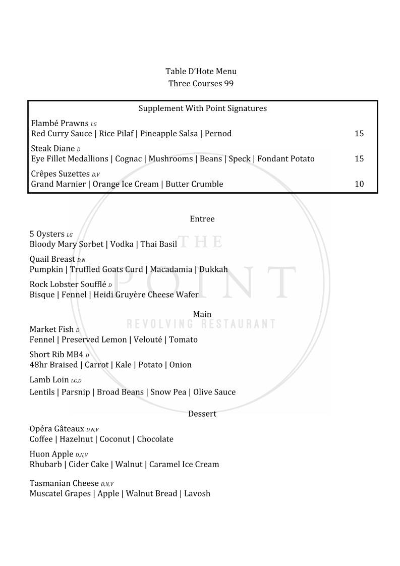 Menu at The Point Revolving Restaurant, Sandy Bay, 410 Sandy Bay Rd