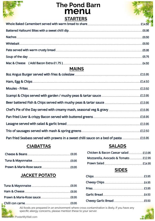 Menu at The Pond Barn, East Wittering